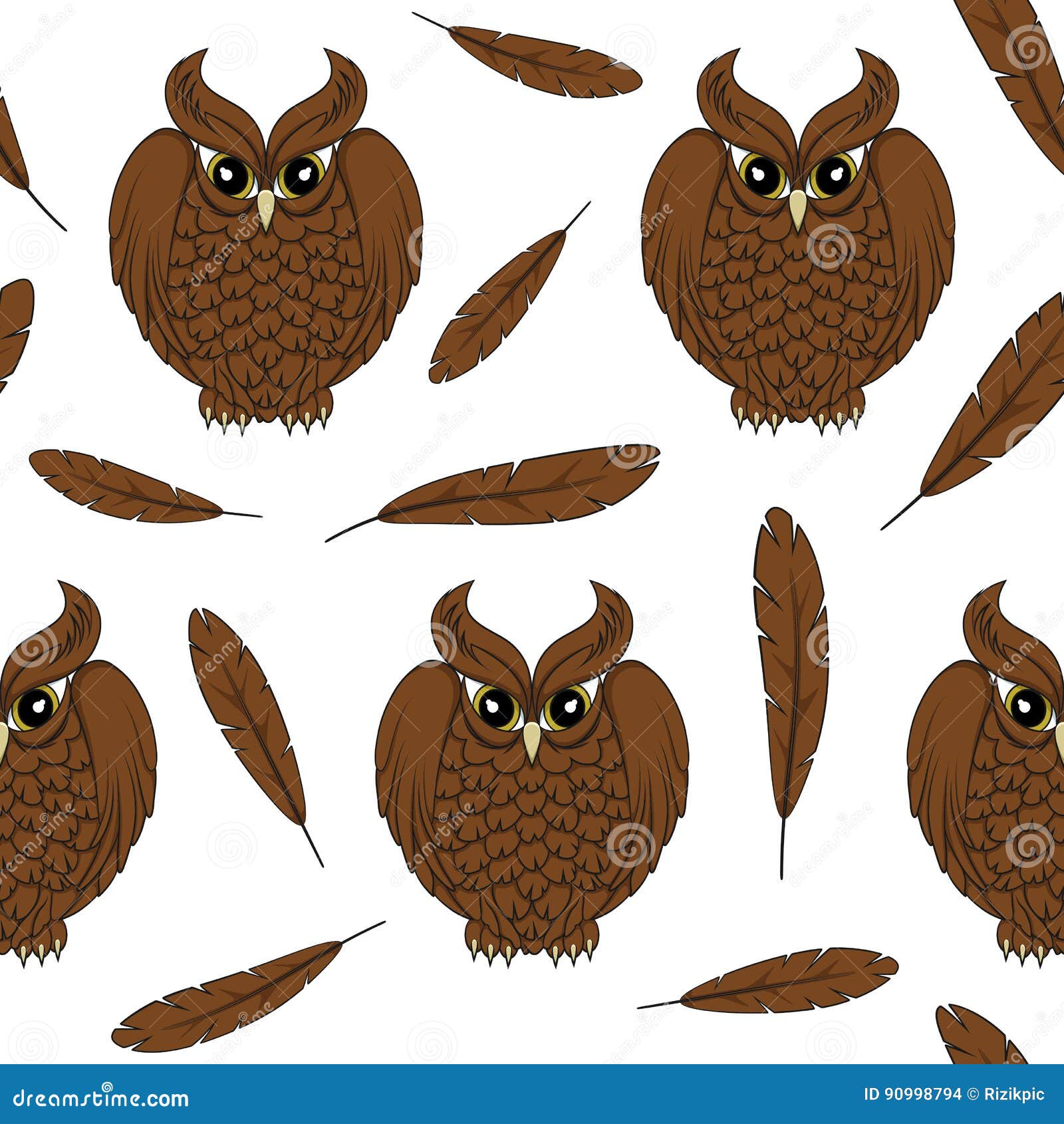 Vector Seamless Pattern with Owls and Feathers. Stock Vector ...