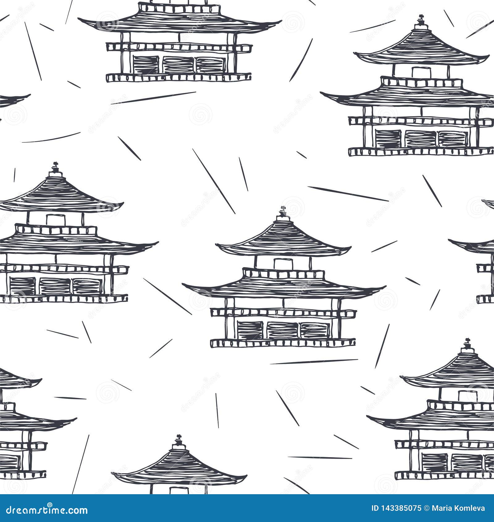 Vector Seamless Pattern with Pagoda in Sketch Style. Hand Drawn Texture with Symbol of Eastern ...