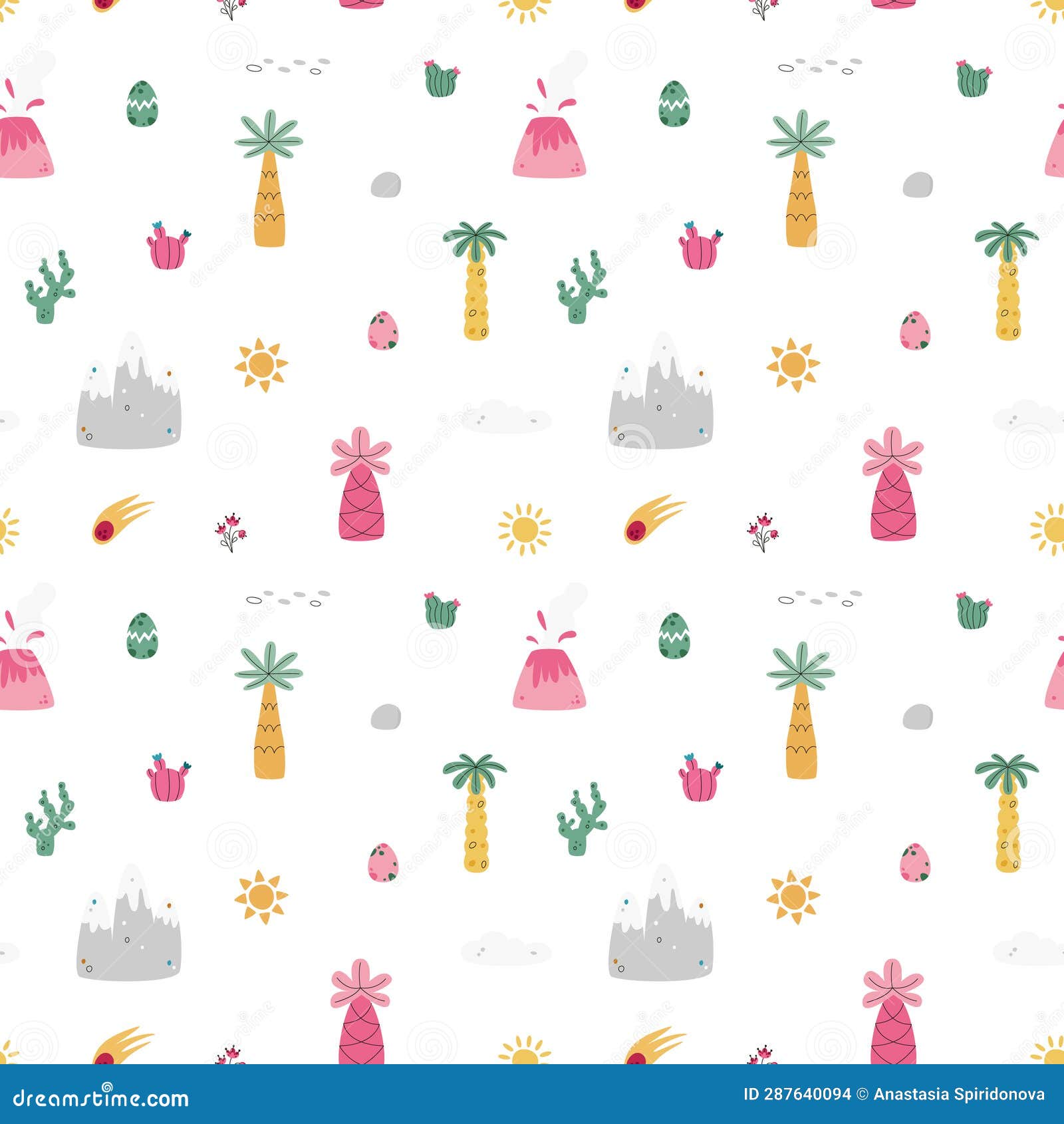 Vector Seamless Pattern with Palm,mountains,rock,sun, Egg, Cactus,comet ...