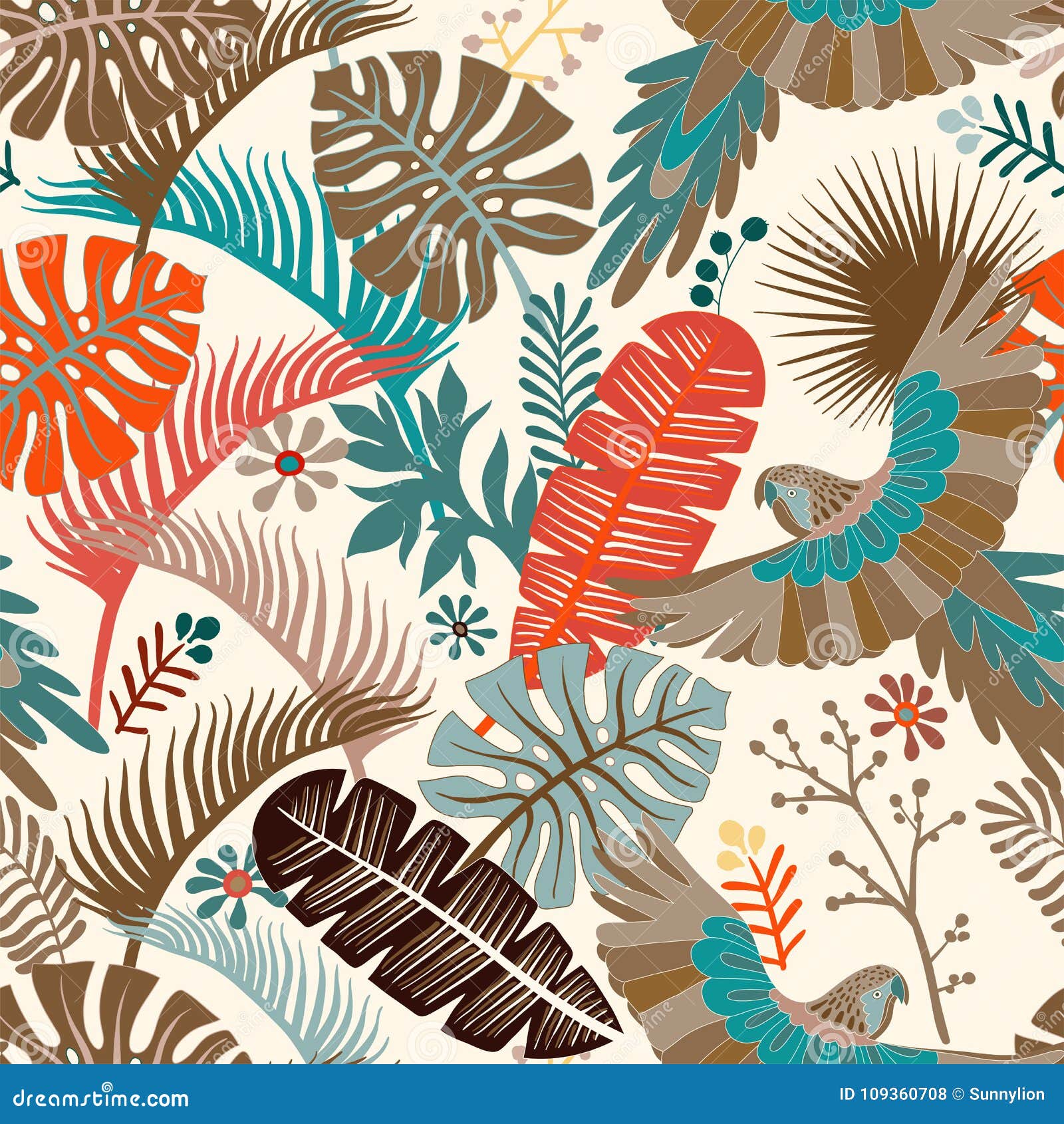 Vector Seamless Pattern With Palm Leaves And Parrots. Vector Tropical ...