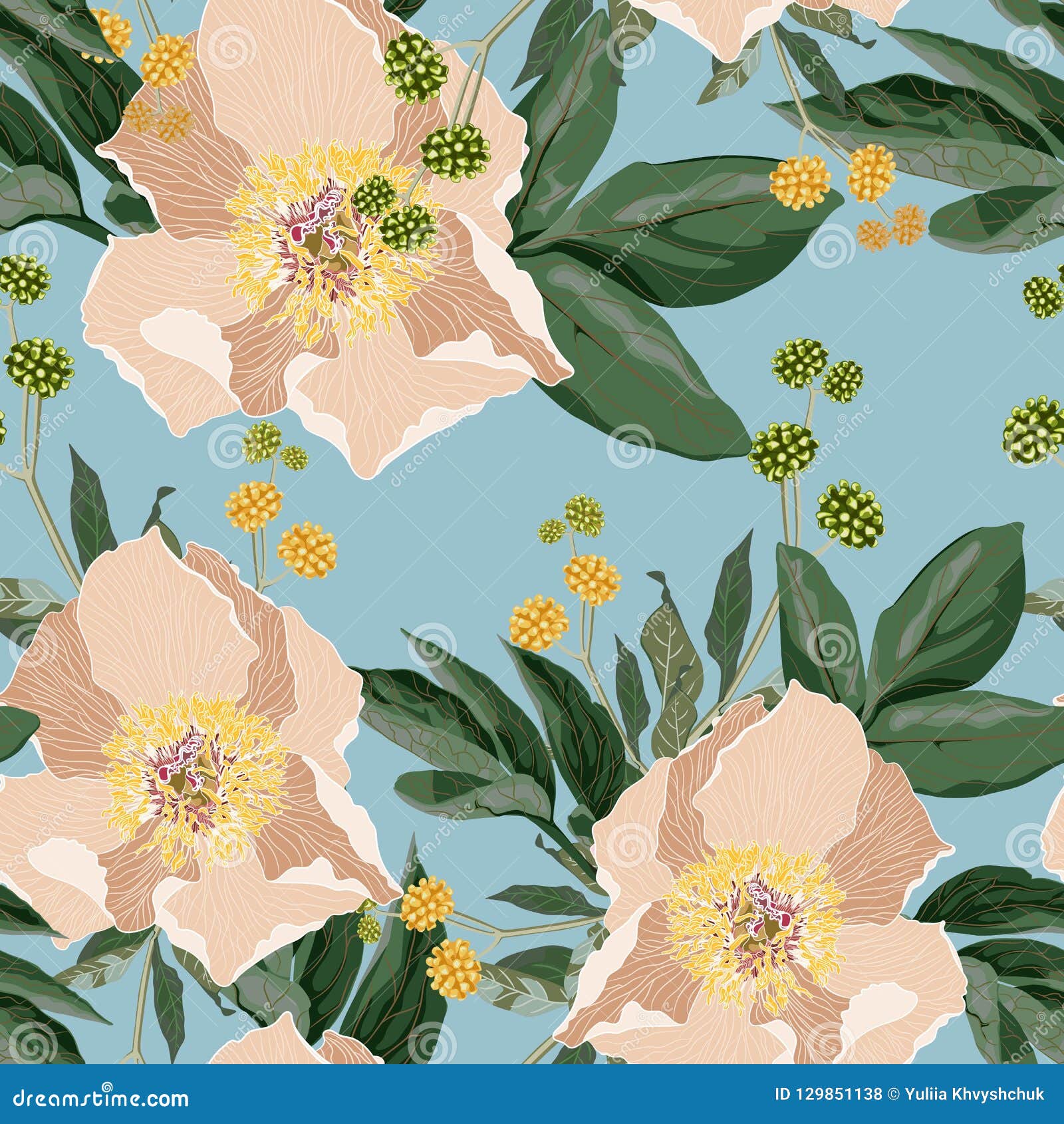 Vector Seamless Pattern with Peony Flowers. Stock Illustration ...