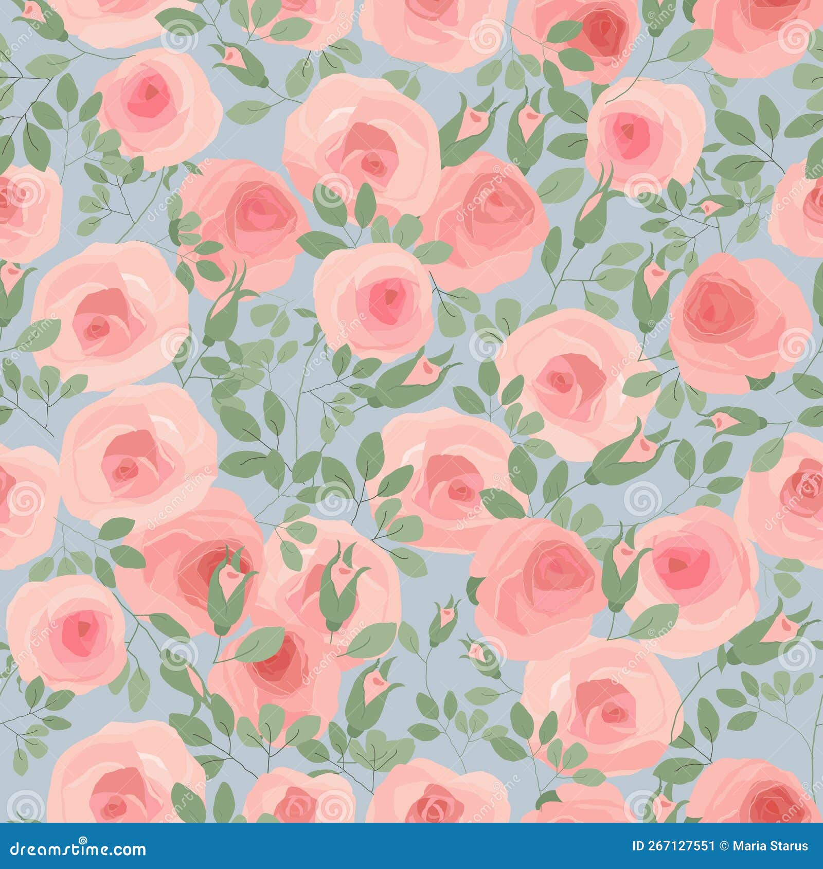 Seamless Pattern with Pink Roses on Blue Background Stock Vector ...