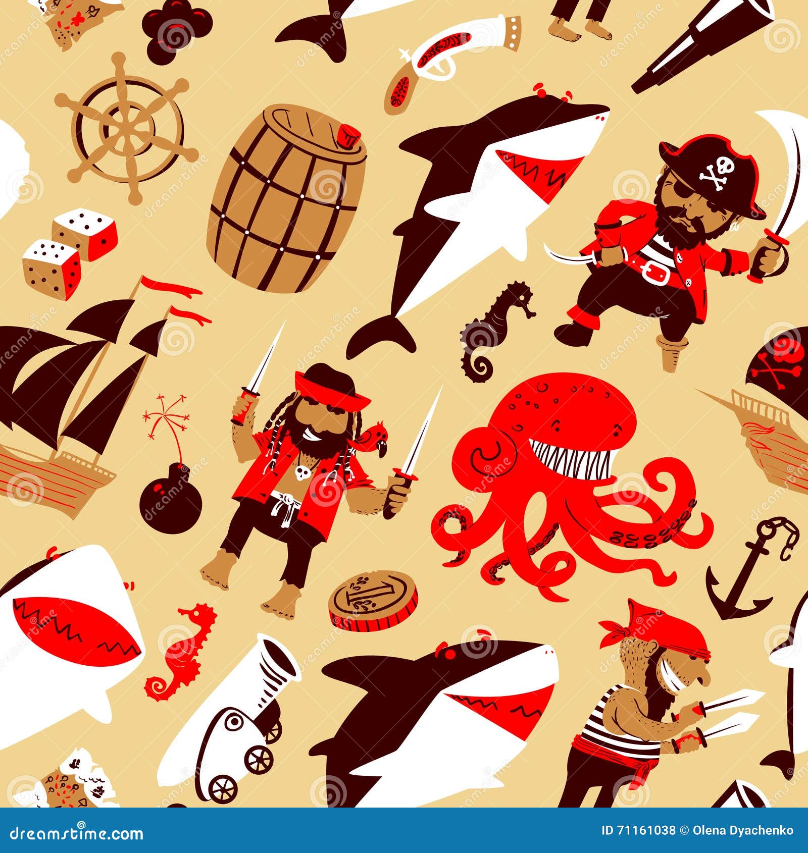 Vector Seamless Pattern with Pirates and Sharks Stock Vector ...
