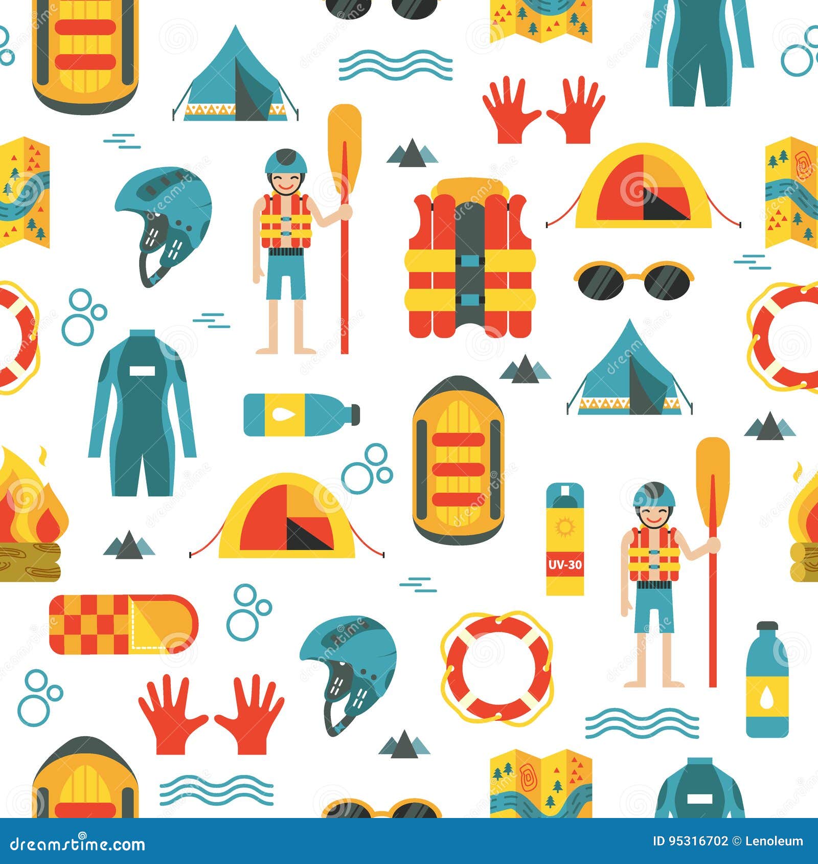 Vector Seamless Pattern with Rafting and Camping Equipment Stock Vector ...