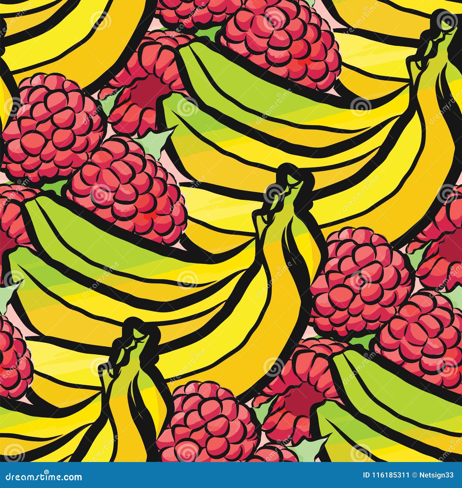 Seamless Pattern of Raspberries and Bananas Stock Vector - Illustration ...