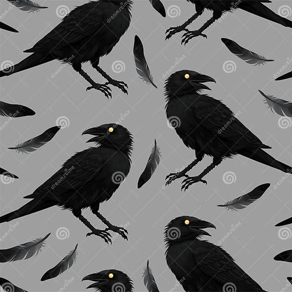 Vector Seamless Pattern with Raven and Feathers Stock Vector ...