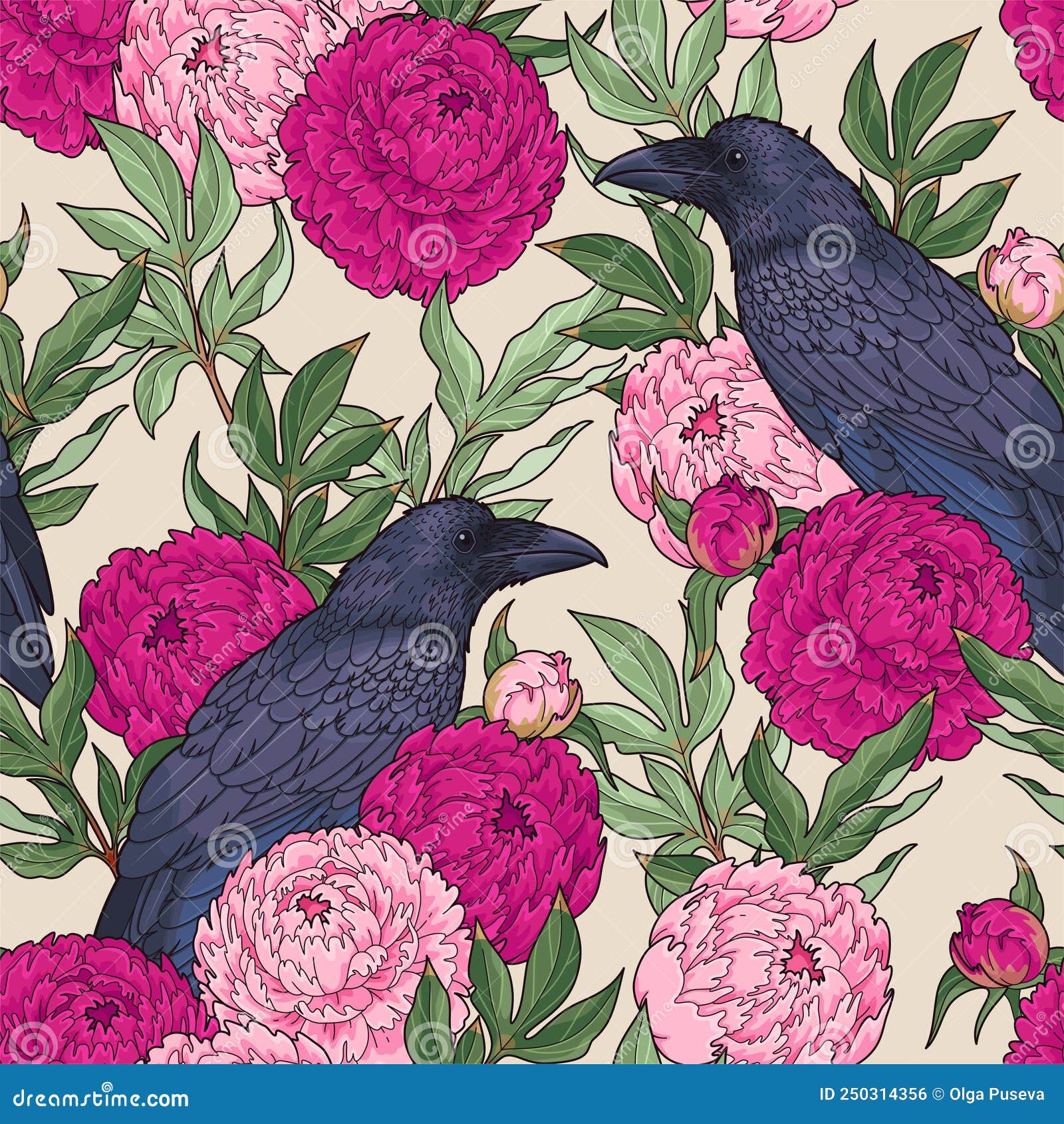 Black Raven and Pink Peony Seamless Pattern Stock Vector - Illustration ...