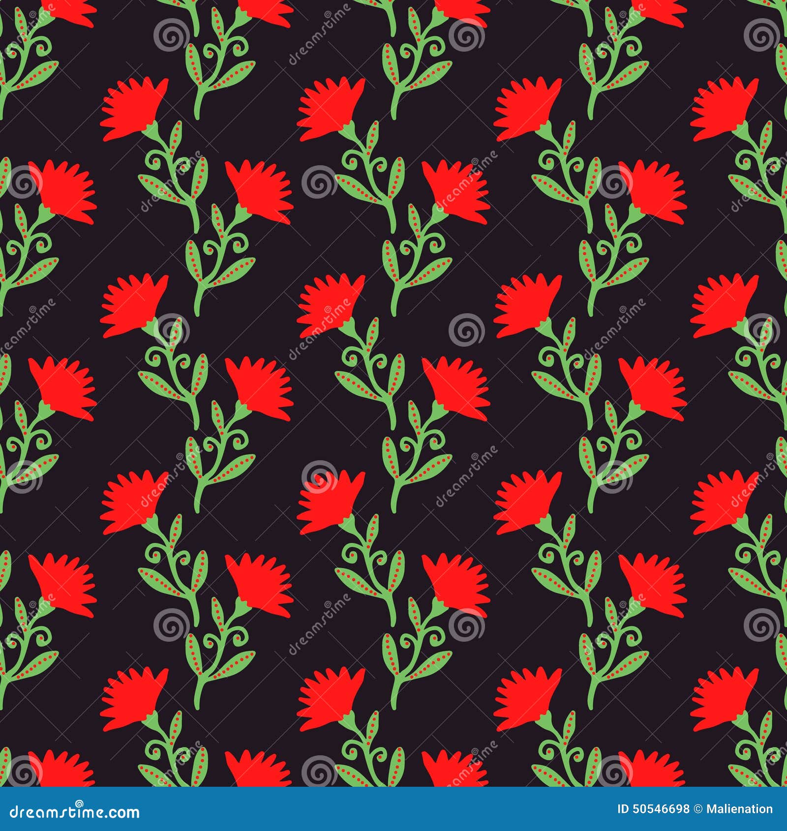 Vector Seamless Pattern with Red Flowers on Dark. Floral Background ...
