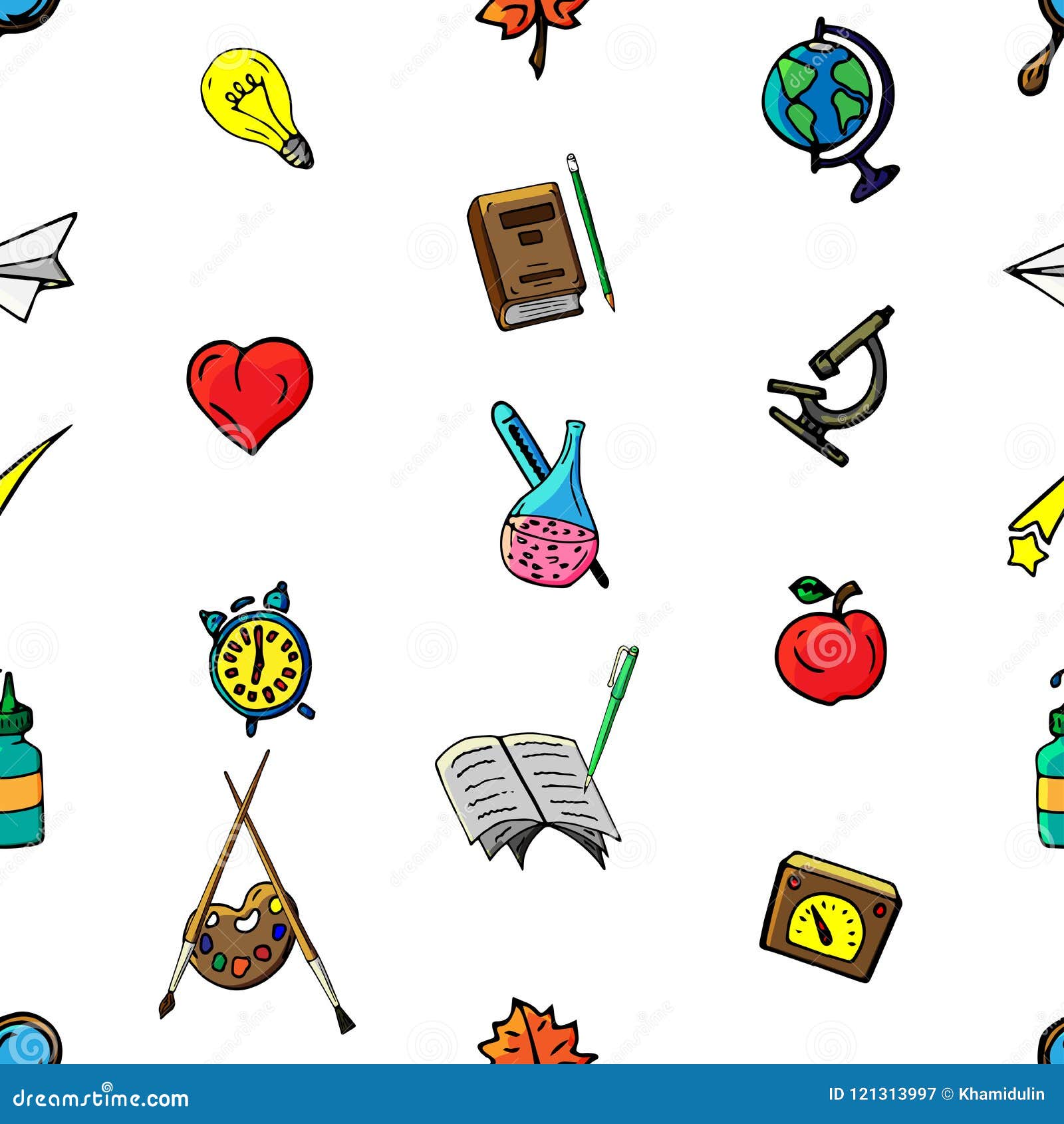 Vector Seamless Pattern Retro Drawing of Different School Objects ...