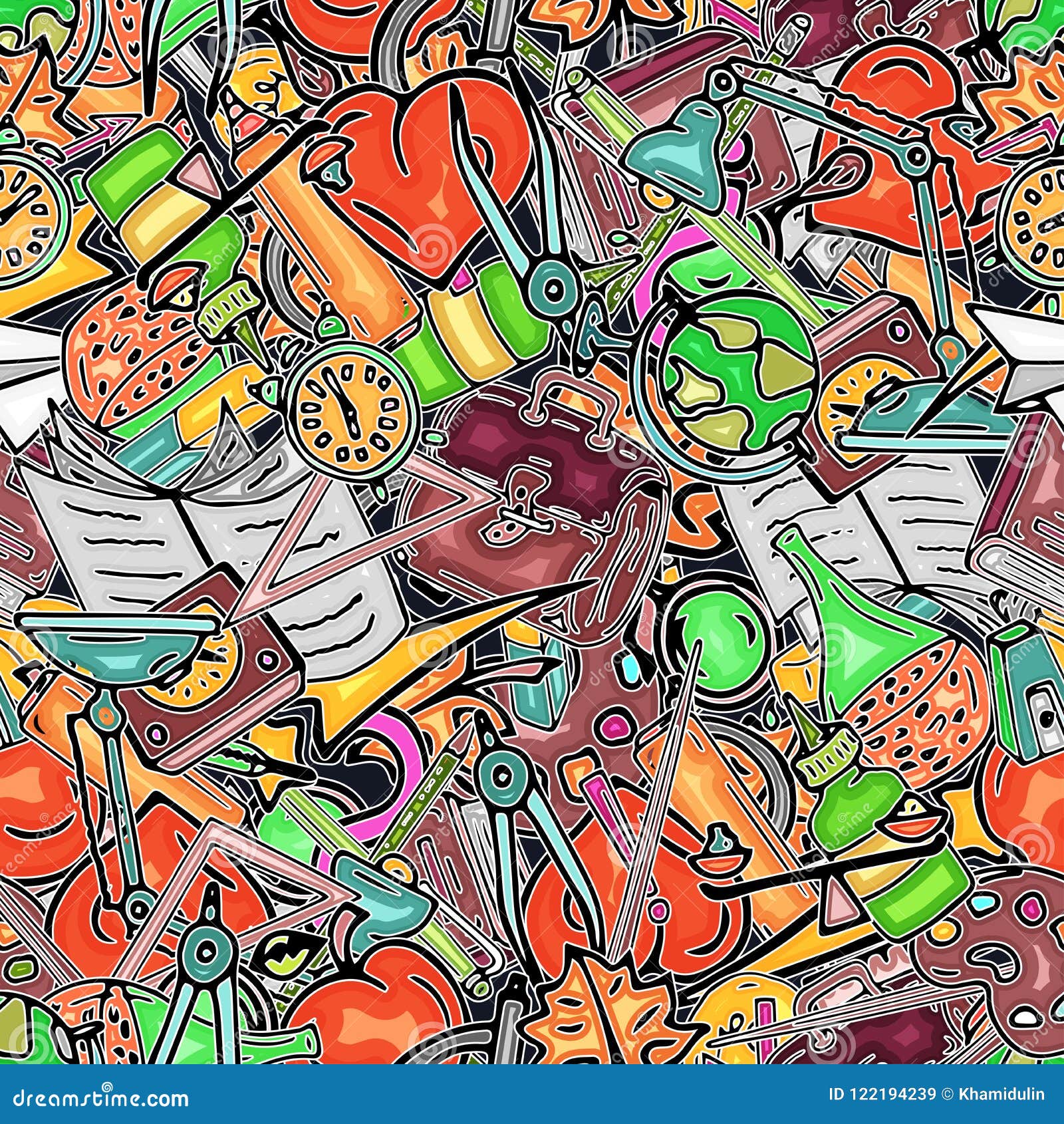 Vector Seamless Pattern Retro Drawing of Different School Objects ...