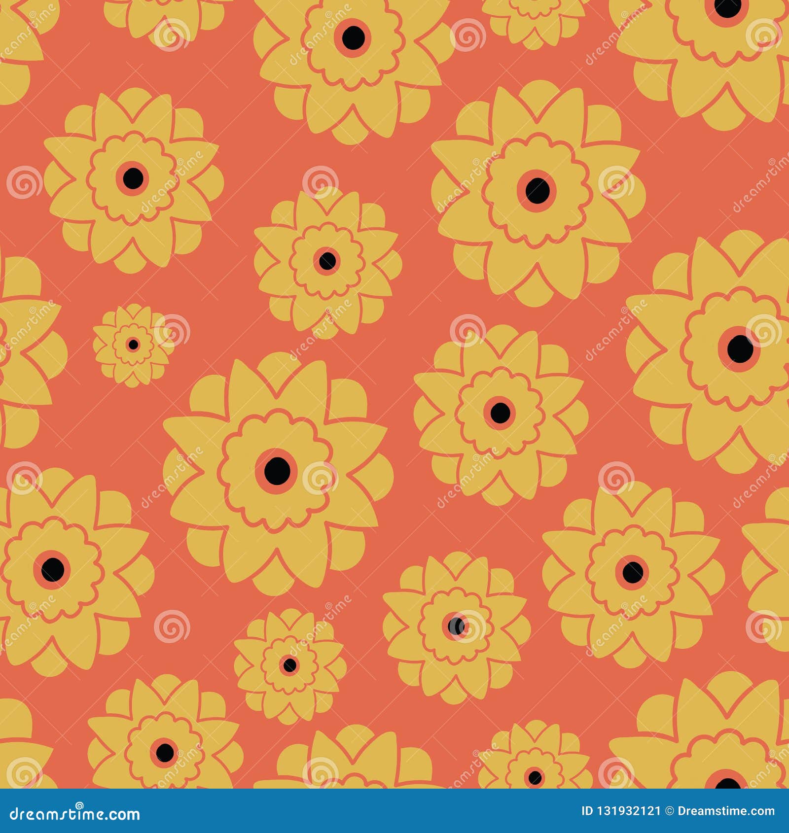 Vector Seamless Pattern with Retro Flowers Orange Stock Vector ...