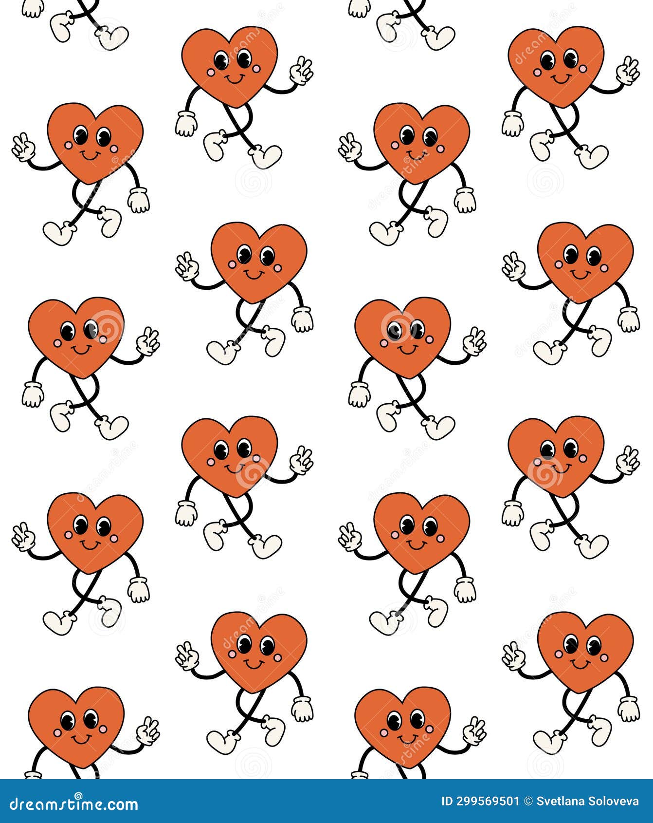 Vector Seamless Pattern of Groovy Cartoon Heart Stock Illustration ...