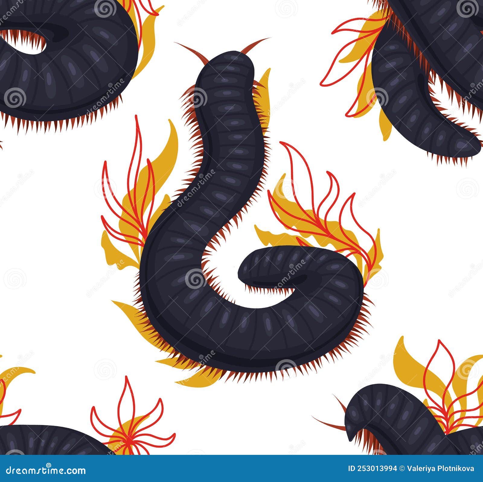 Vector Seamless Pattern With Scary Centipedes With Foliage And Leaves ...