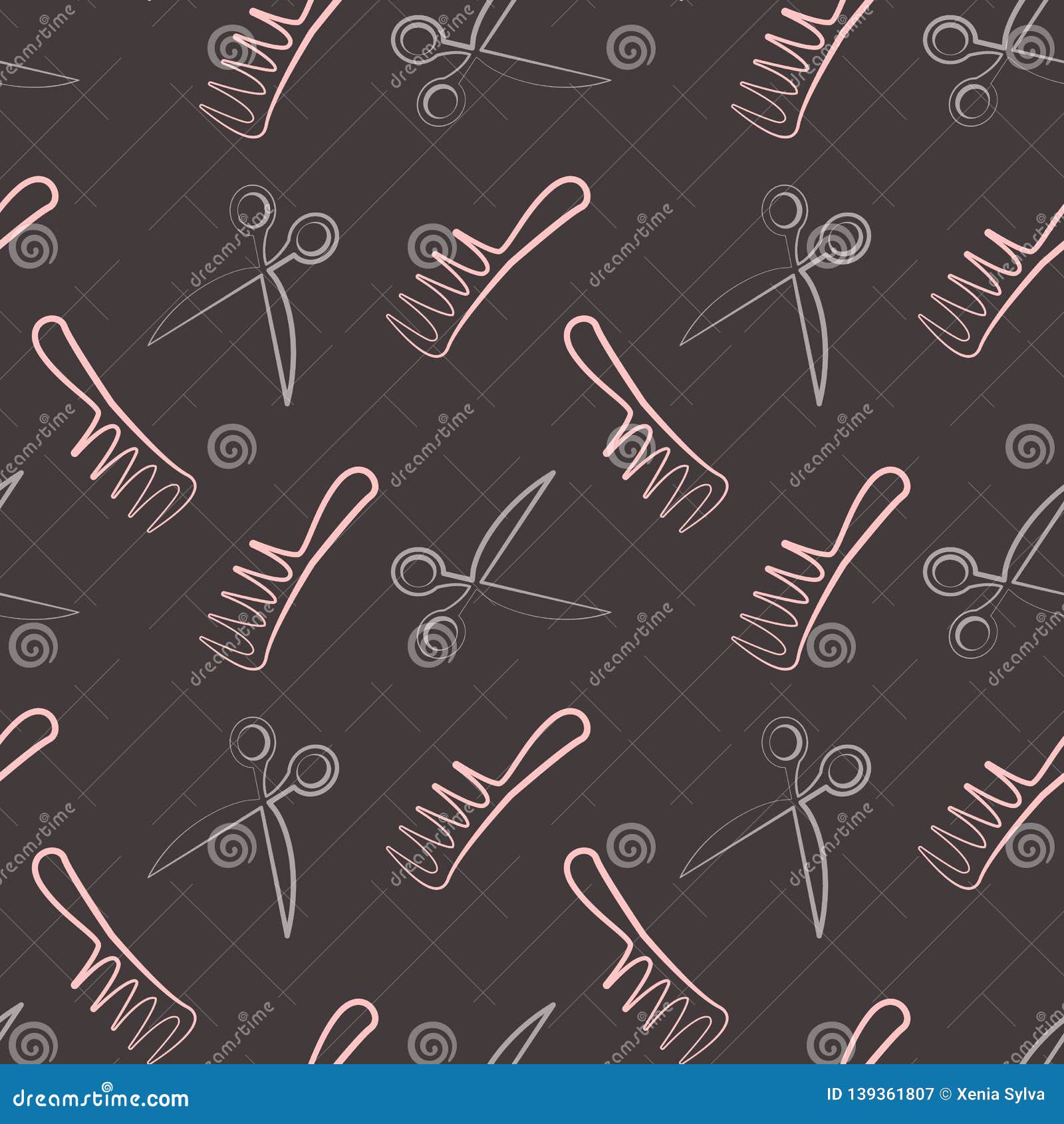 Vector Seamless Pattern with Scissors and Combs on Dark Gray Background ...