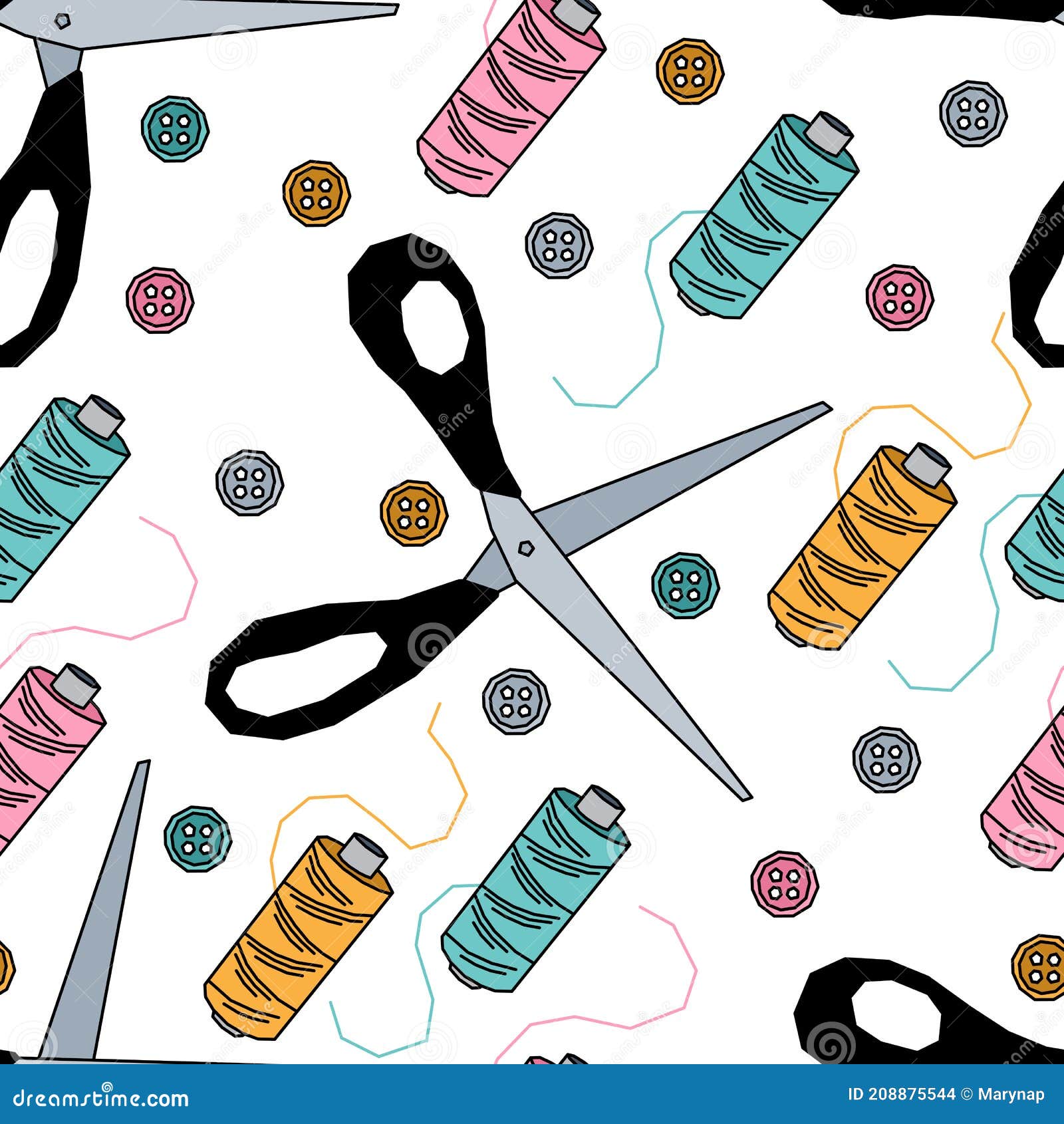 Vector Seamless Pattern with Scissors Threads and Buttons Stock Vector ...