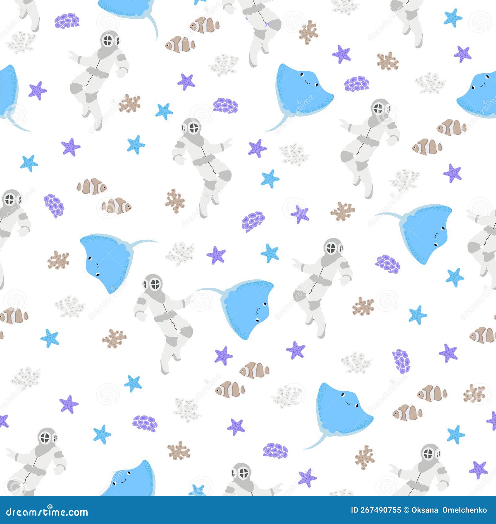 Vector Seamless Pattern with Scuba Diver, Devilfish, Algae, Starfish ...