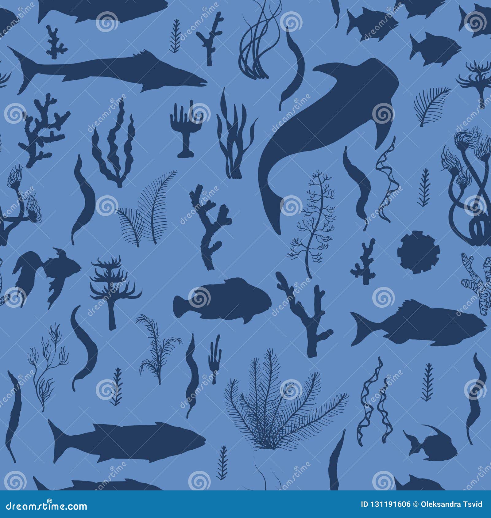 Vector Seamless Pattern with Sea Underwater Fish and Plants Silhouettes ...