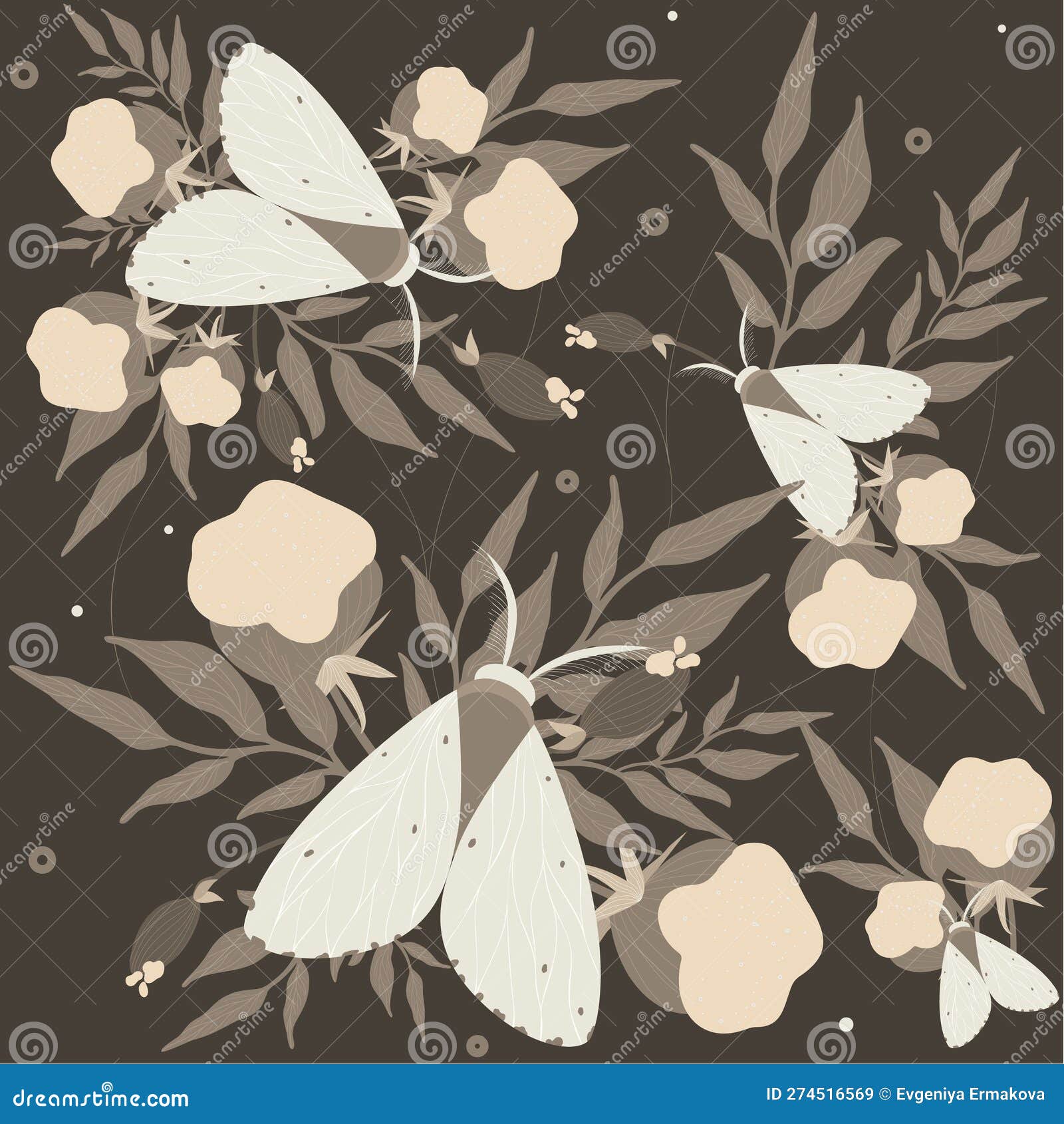 Vector Seamless Pattern with Silkworm Moth and Cotton Flowers and ...