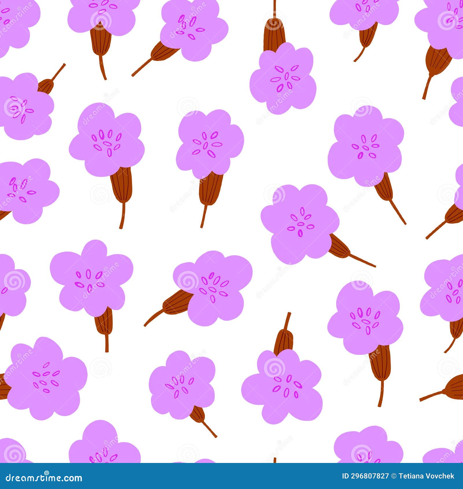 Vector Seamless Pattern with Simple Violet Flowers on White Background ...