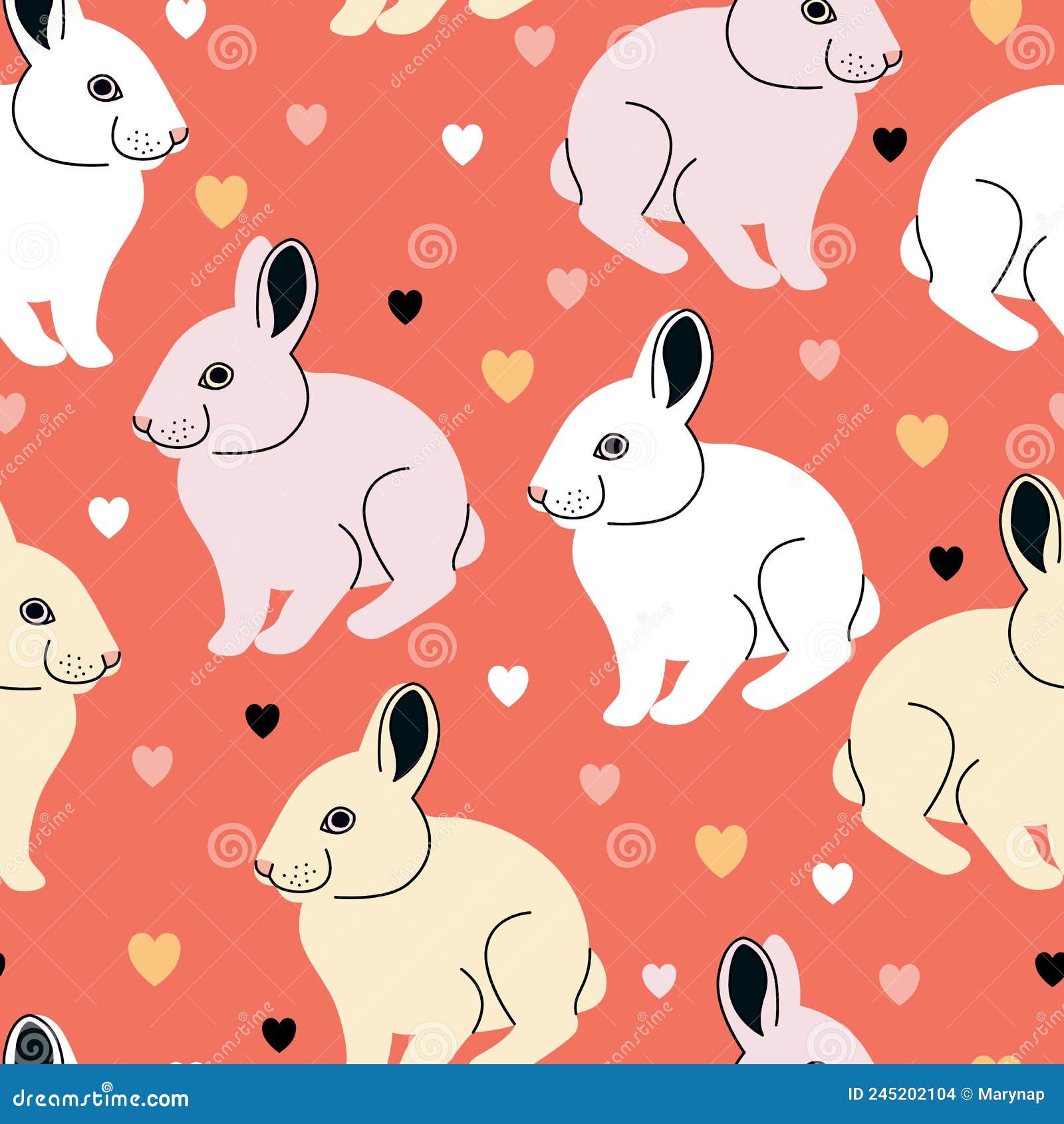 Vector Seamless Pattern with Sitting Rabbits and Hearts on a Pink ...