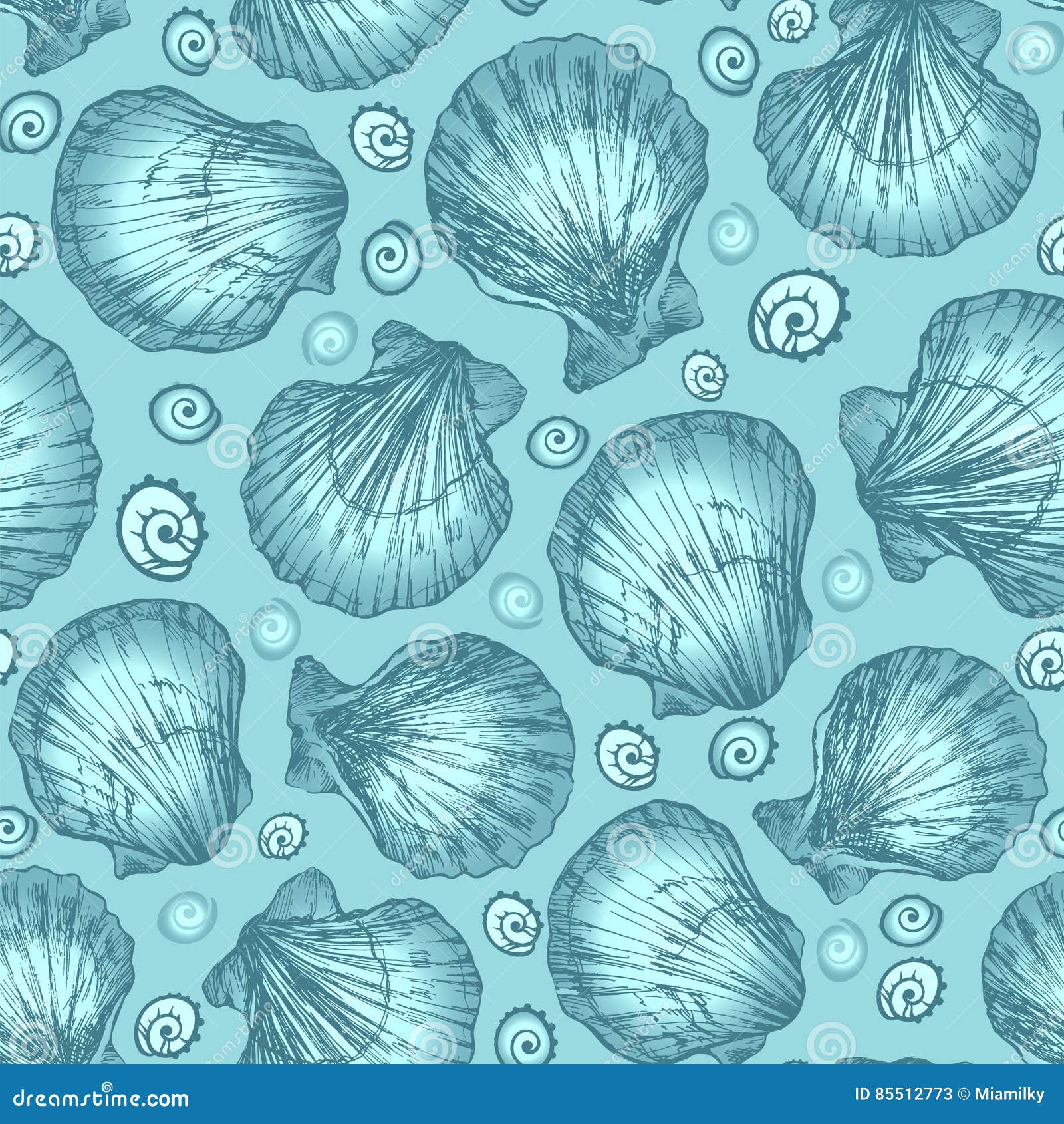 Vector Seamless Pattern Sketch of Seashells on Blue Background. Hand ...