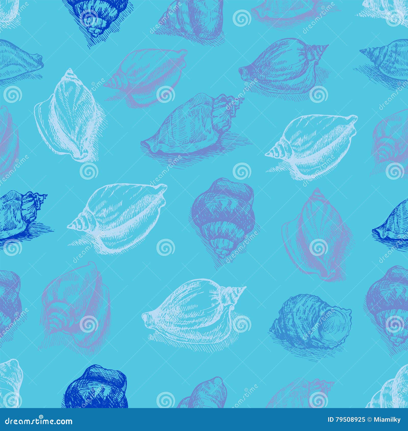 Vector Seamless Pattern Sketch of Seashells Ion Blue Background. Hand ...