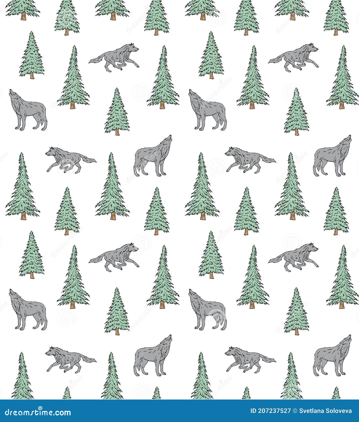 Vector Seamless Pattern of Sketch Wolf and Spruce Stock Illustration ...