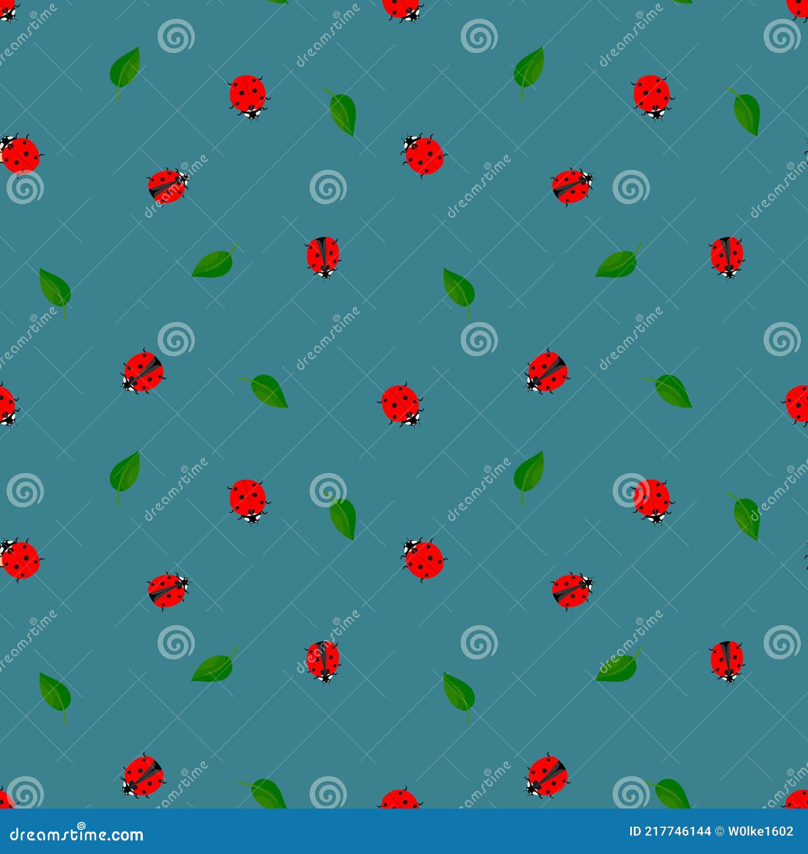 Vector Seamless Pattern with Small Red Ladybugs and Leaves on a Blue ...