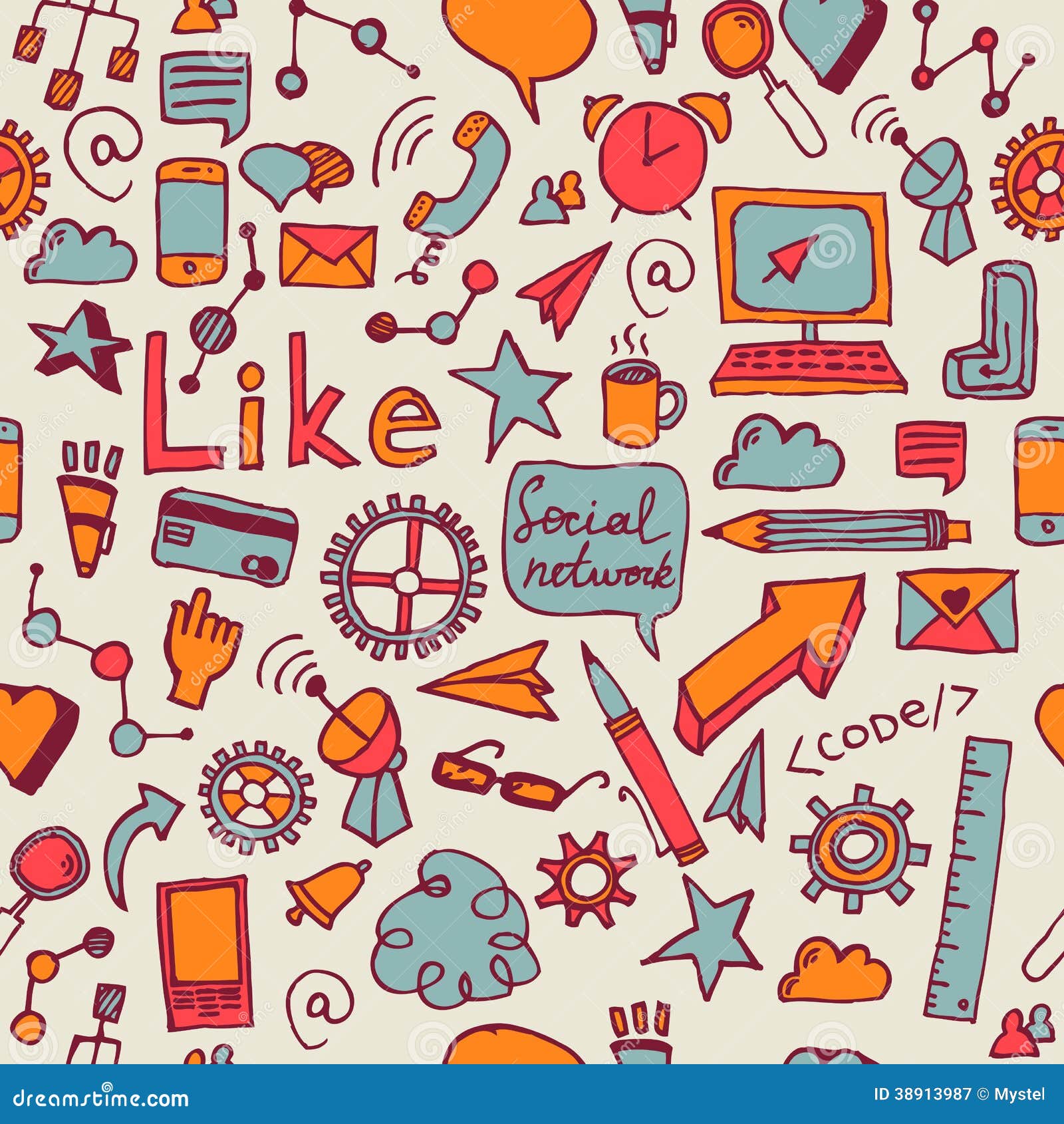 Vector Seamless Pattern of Social Doodles Stock Vector - Illustration ...