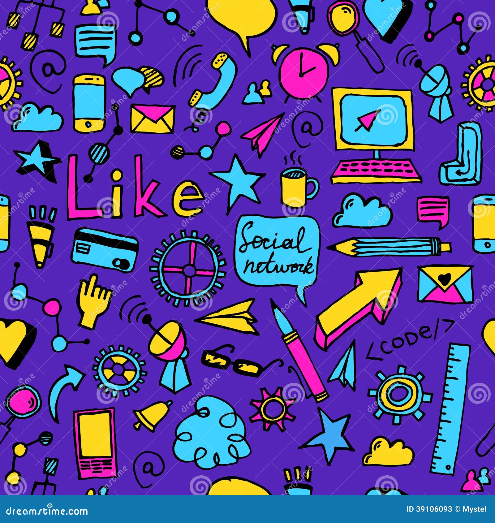 Vector Seamless Pattern of Social Doodles Stock Vector - Illustration ...