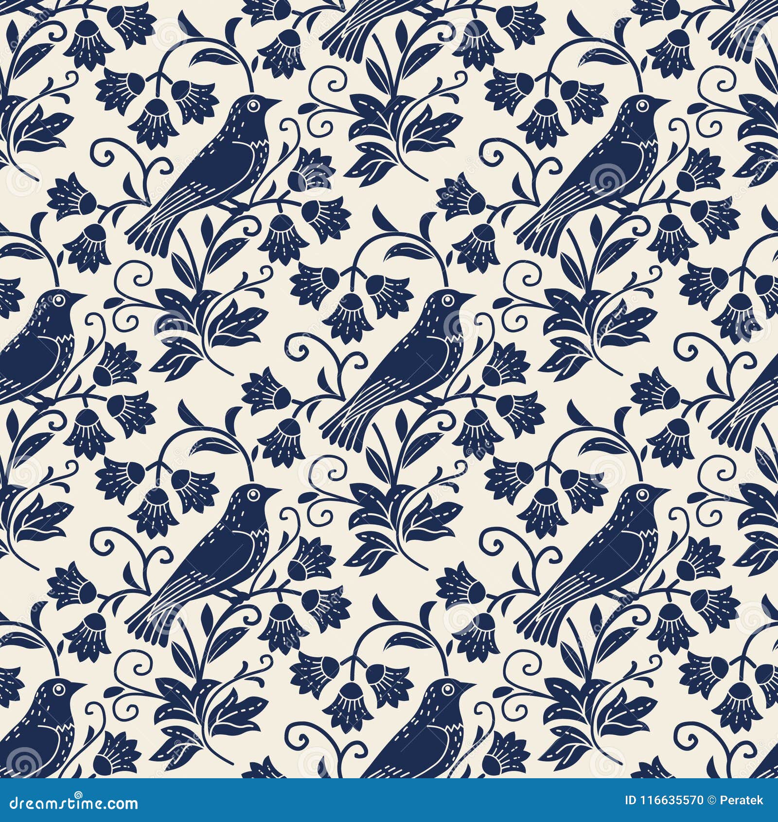 Vector Seamless Pattern with Songbird and Flowers Stock Vector ...