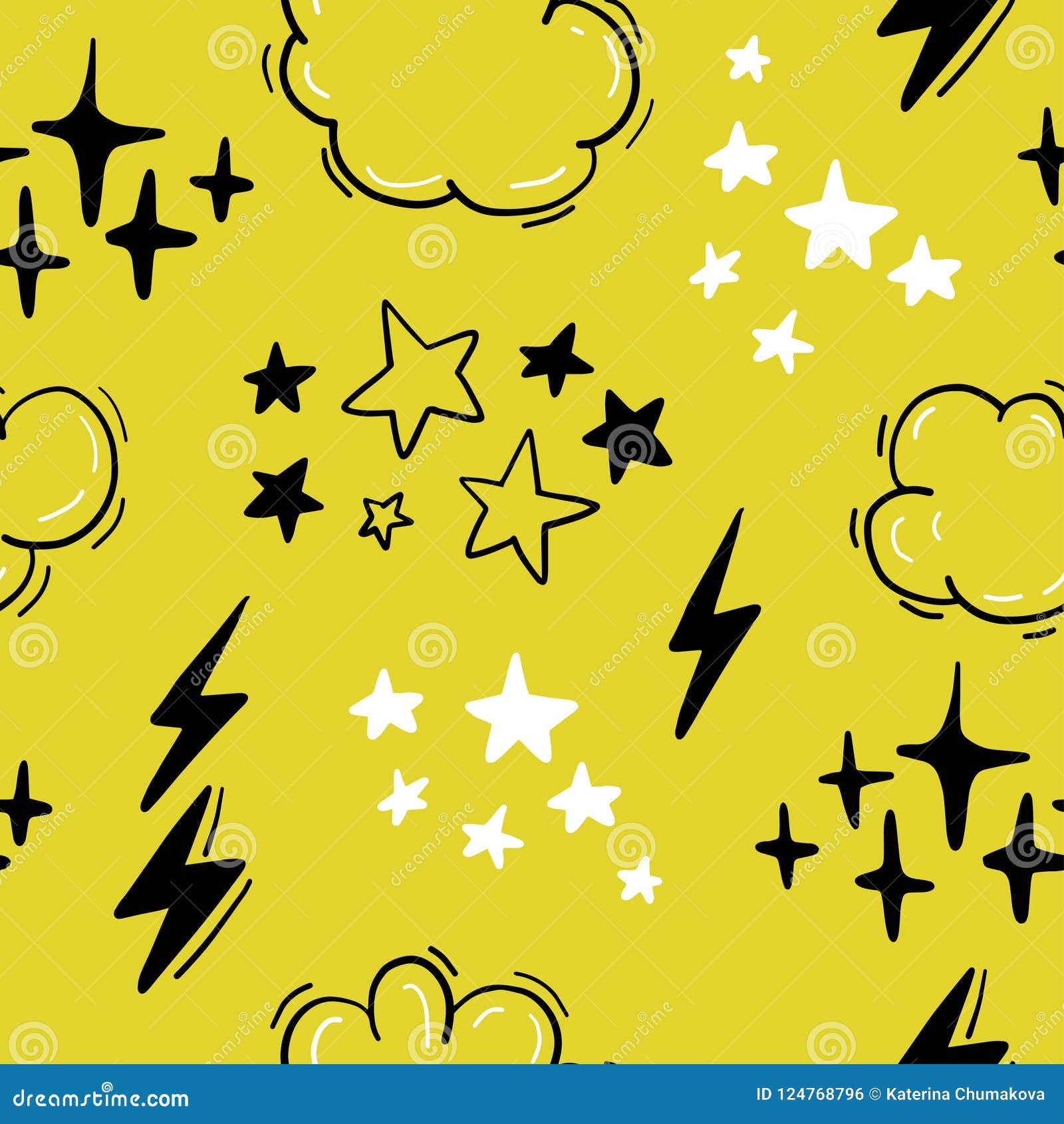 Vector Seamless Pattern with Stars, Clouds, Lightning in Hand Drawn ...