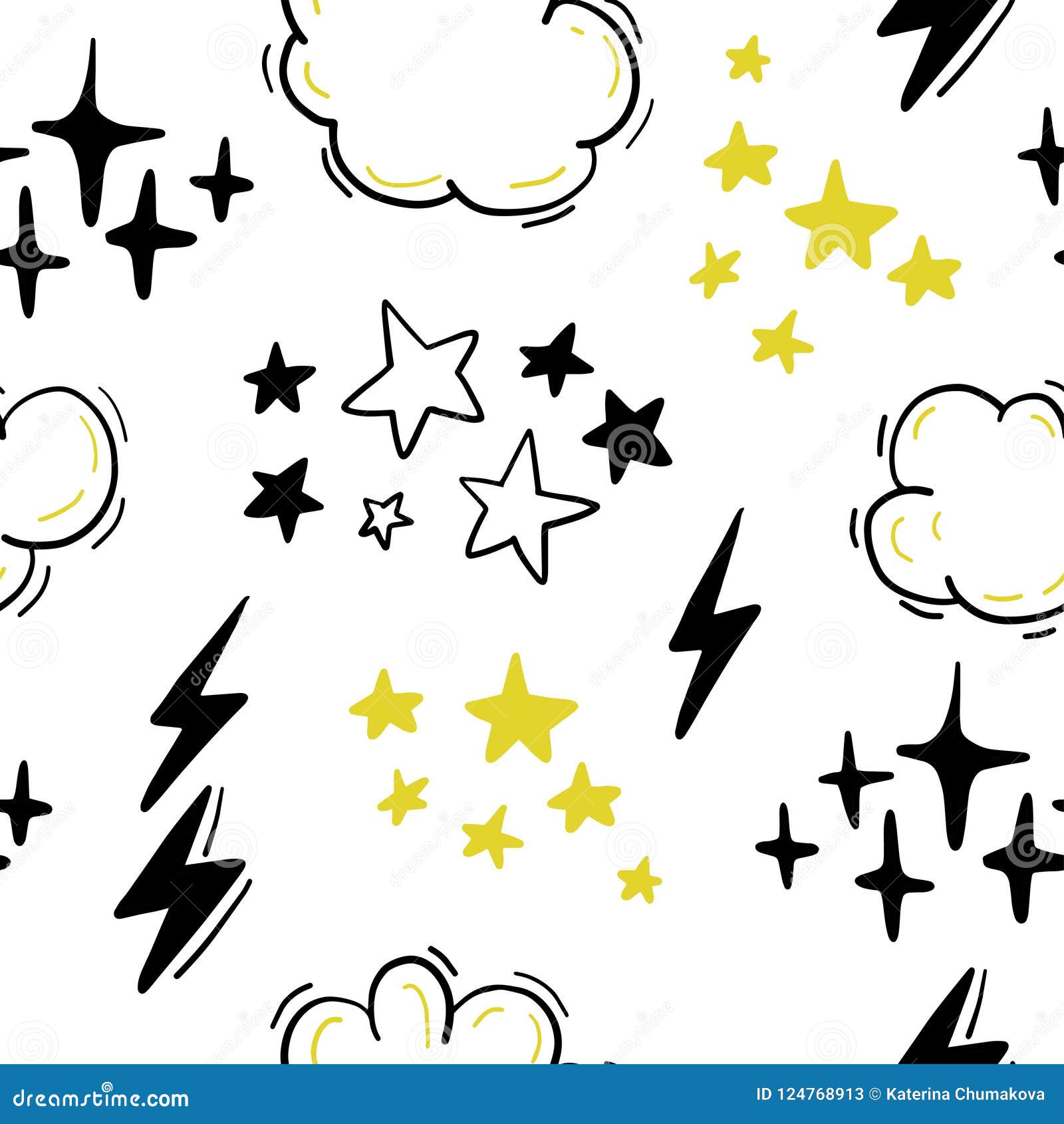 Vector Seamless Pattern with Stars, Clouds, Lightning in Hand Drawn ...