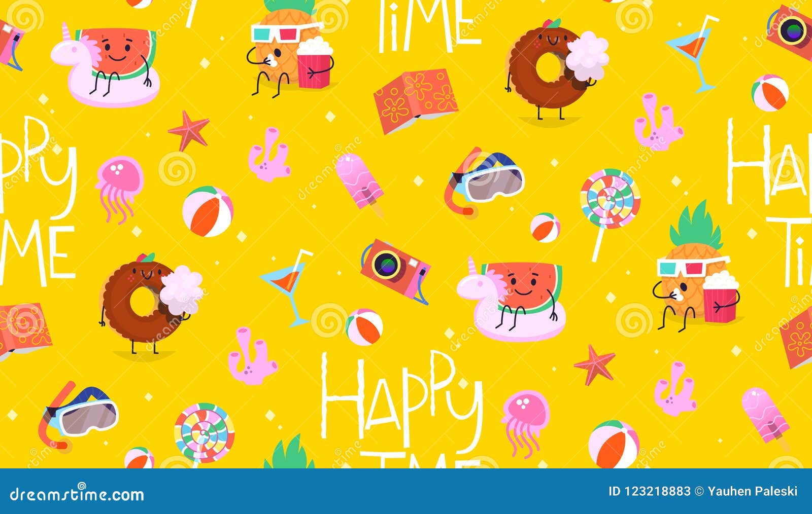 Colorful Summer Pattern with Yellow Background. Cute Characters Having ...