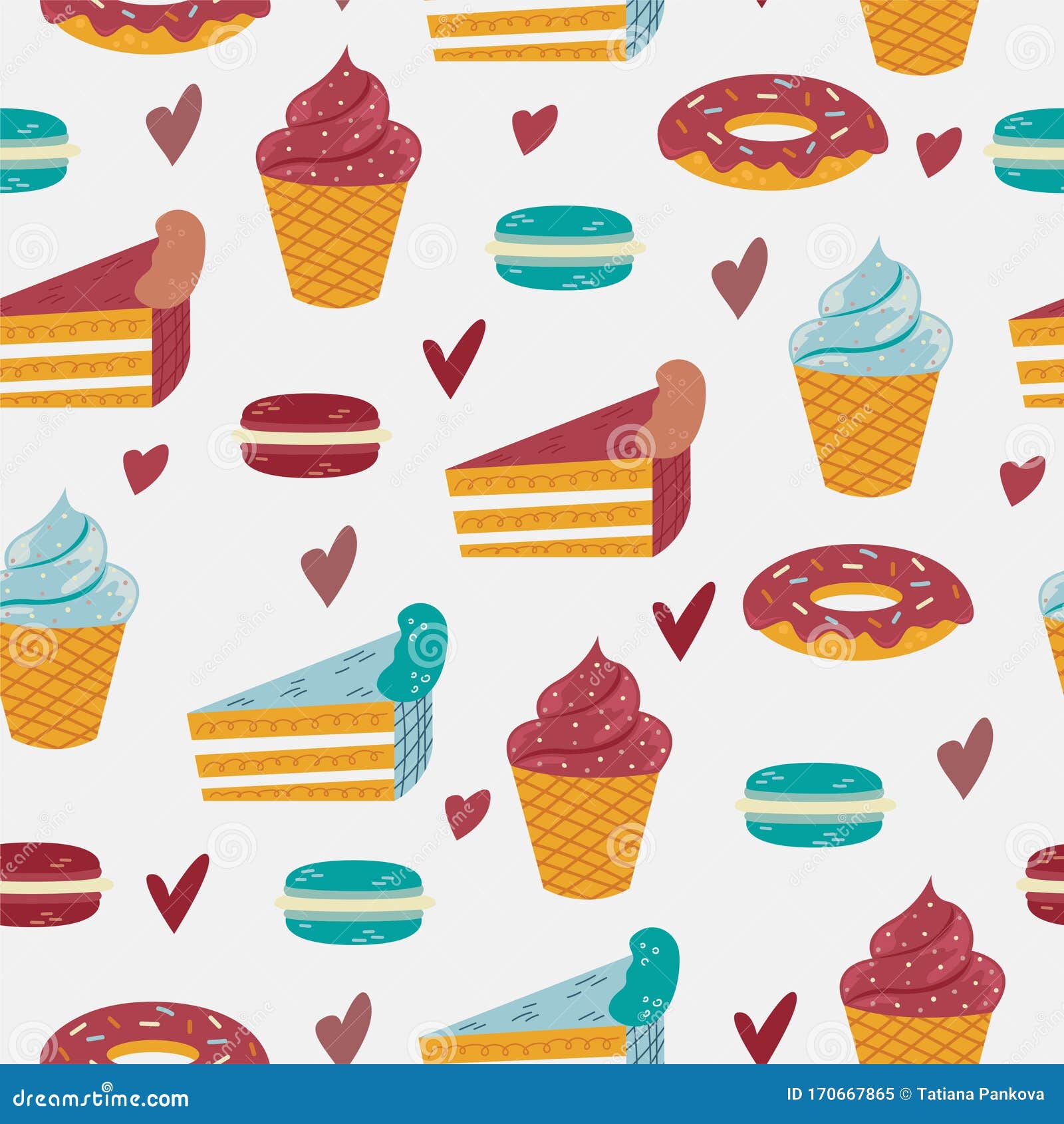Vector Seamless Pattern with Sweet Deserts on the Blue Background Stock ...