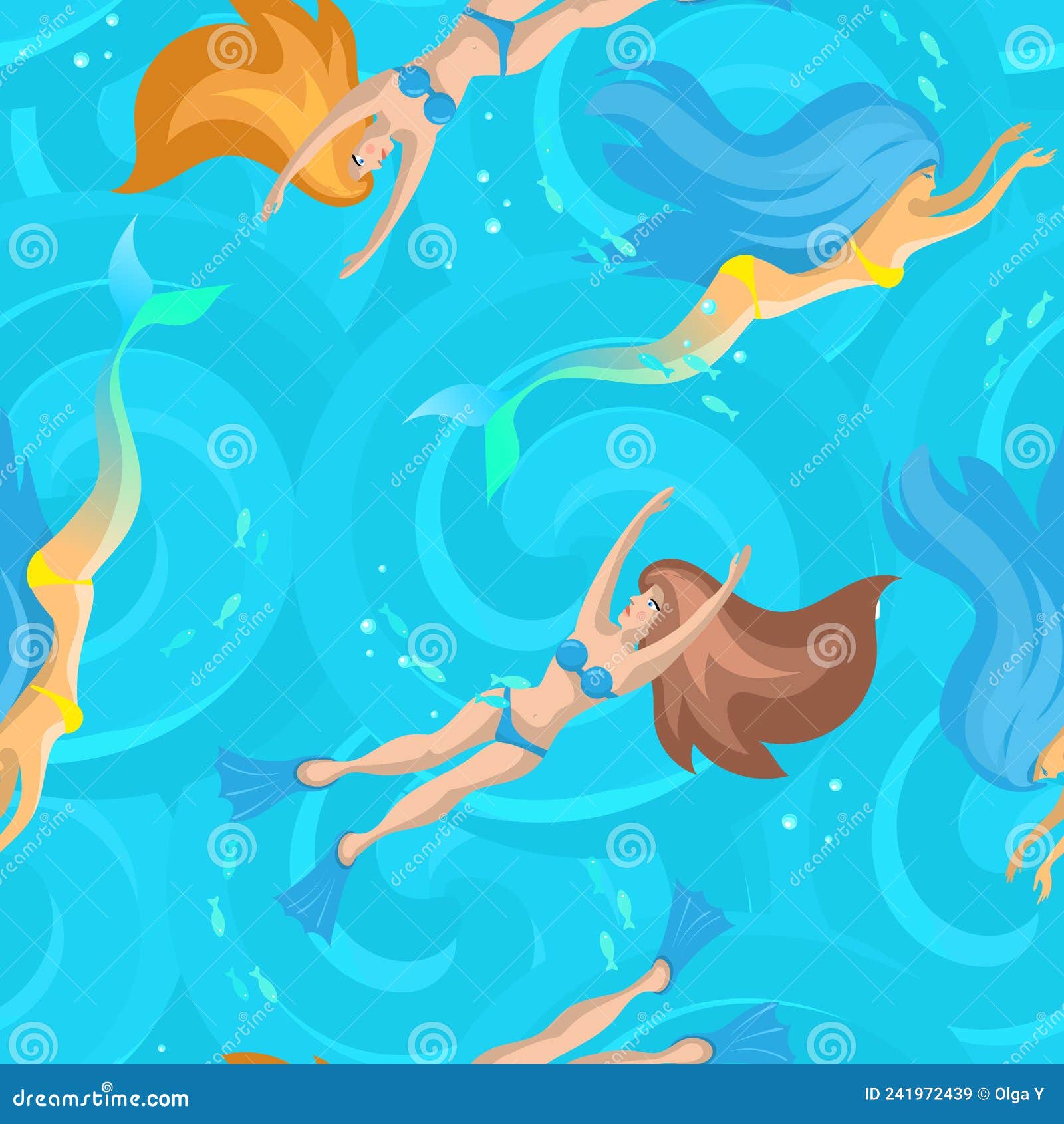 Mermaids And Swimmers Girls Seamless Pattern On Blue Background, Vector ...