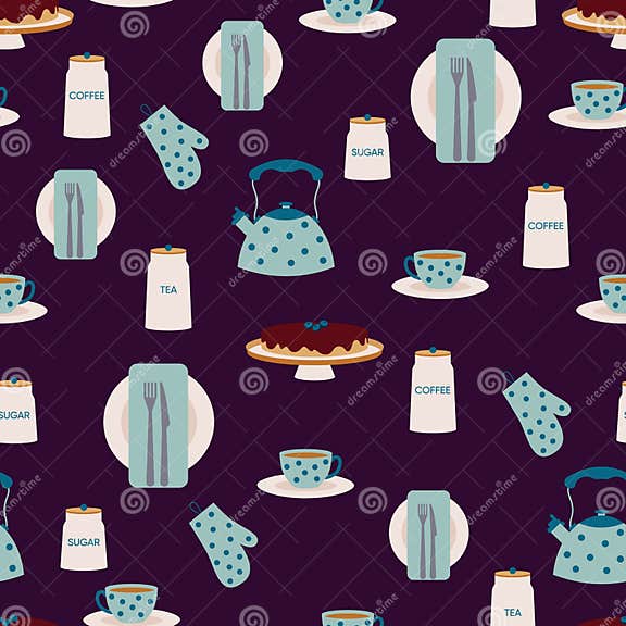 Vector Seamless Pattern, Tea Time Kitchen Tools. Kitchenware and Utensils, Kettle, Cake, Mug ...