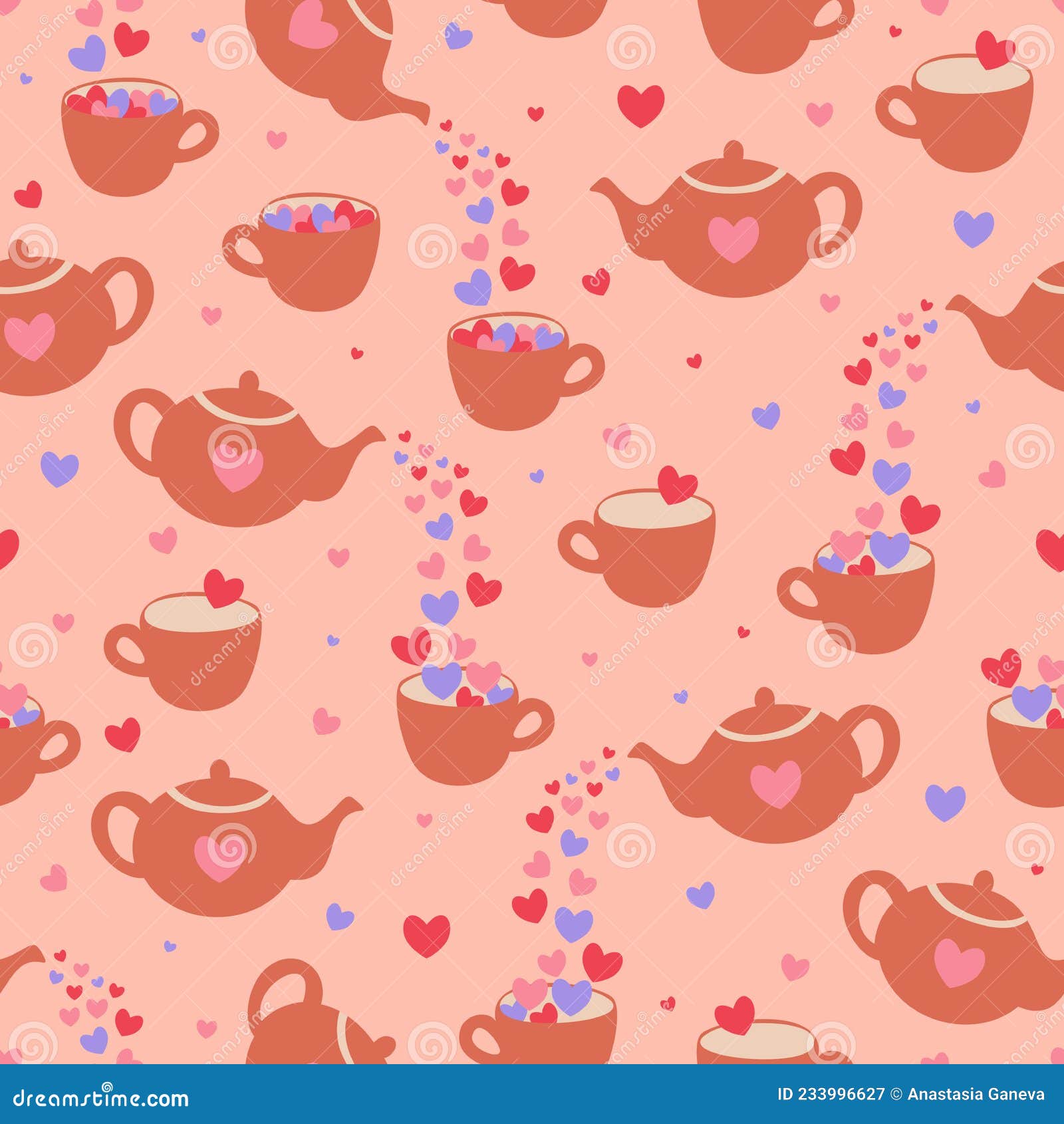 Vector Seamless Pattern with Teapots, Hearts and Cups. Stock Vector ...