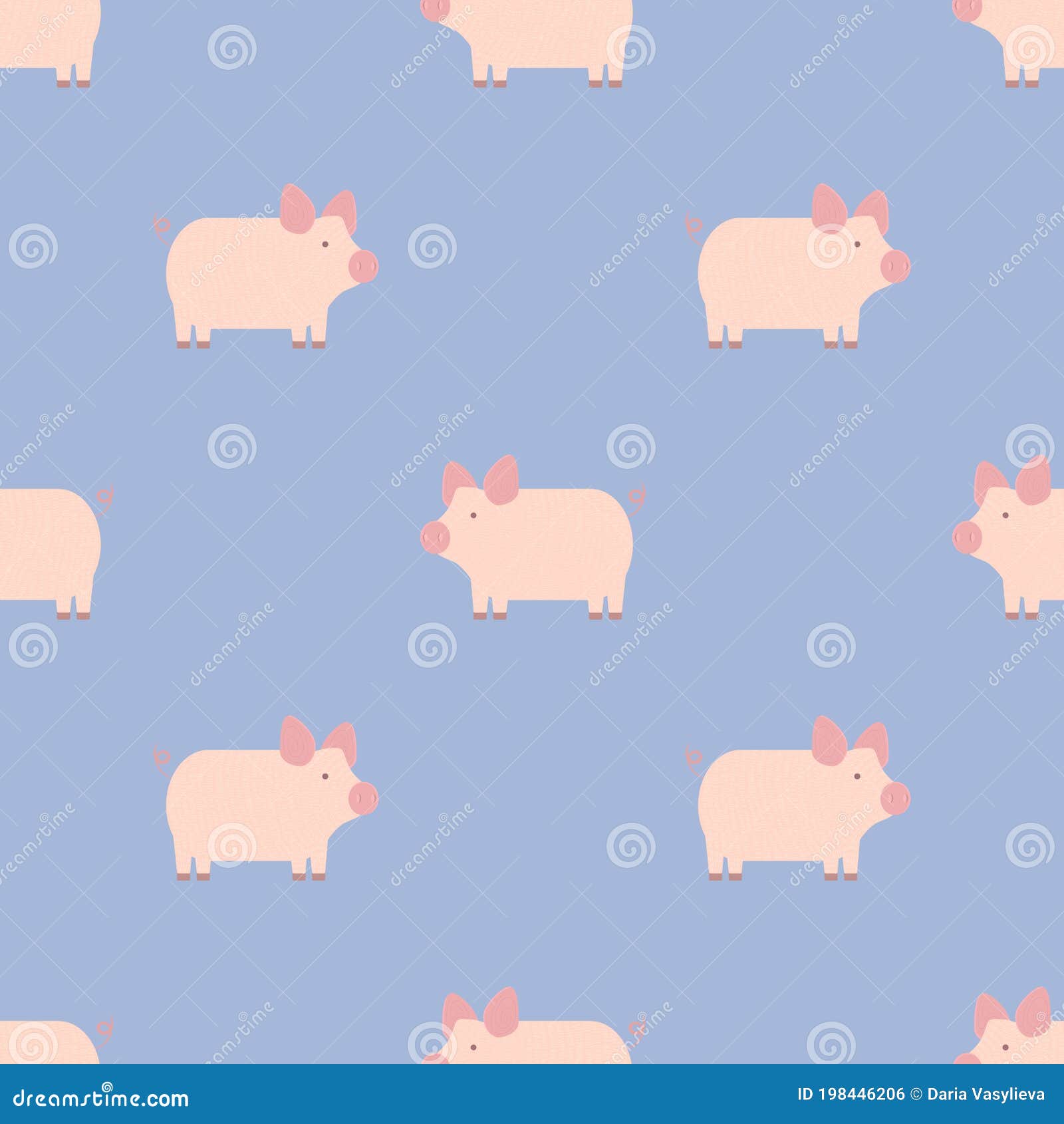 Vector Seamless Pattern with Textured Pink Pigs on Blue Background ...