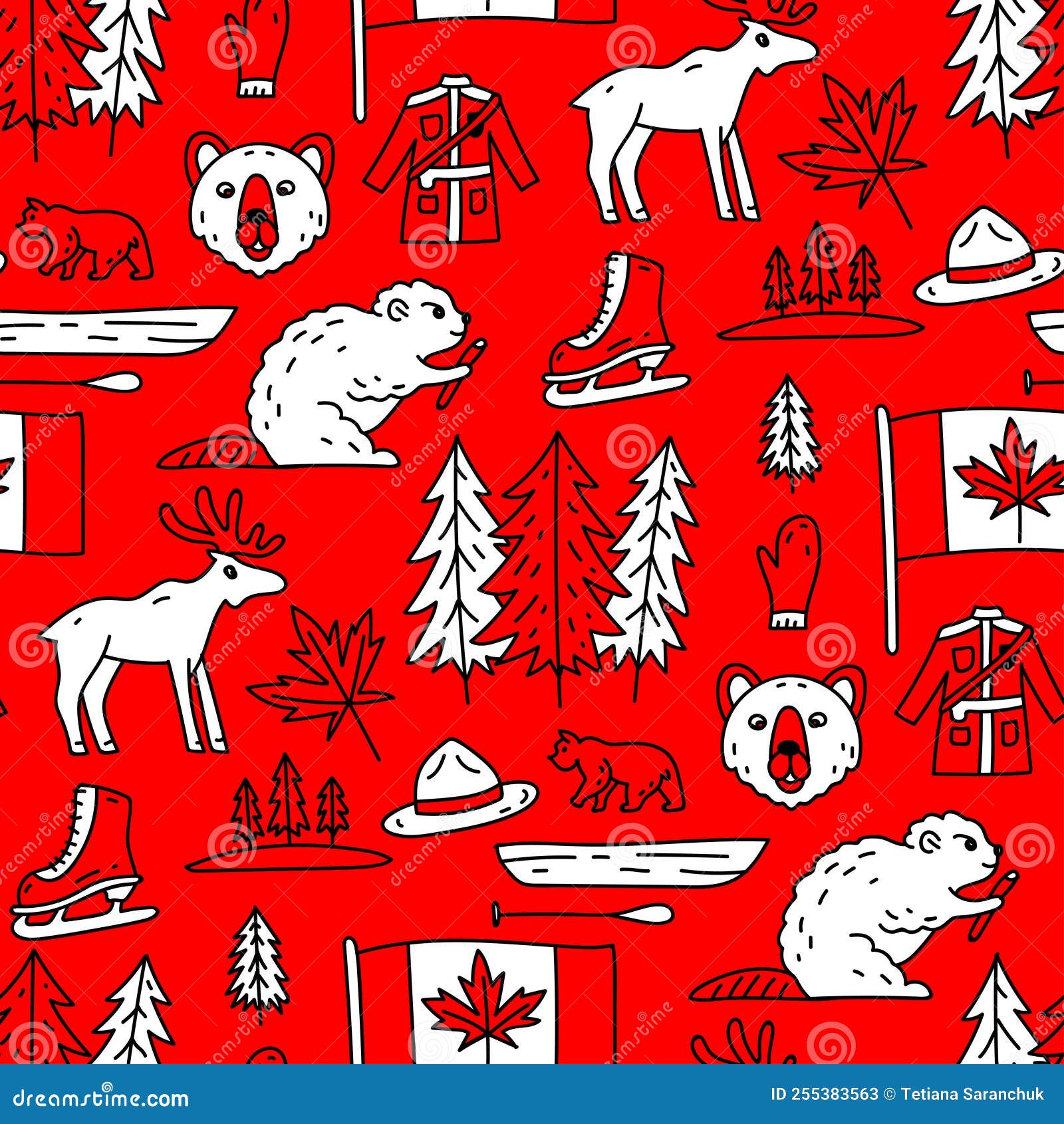 Canada Sign and Symbol Flat Icons Set in Seamless Pattern. Stock Vector ...