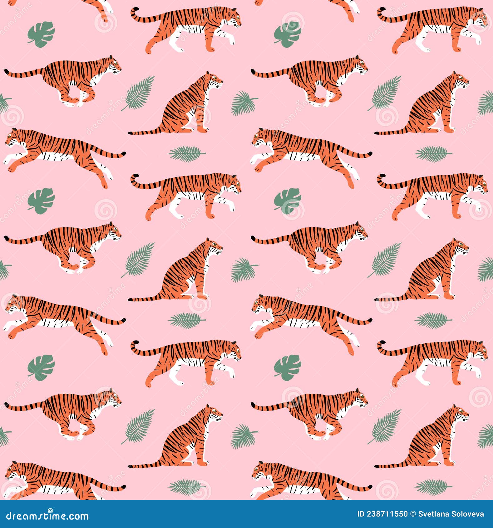 Vector Seamless Pattern of Tigers and Palm Leaves Stock Vector ...