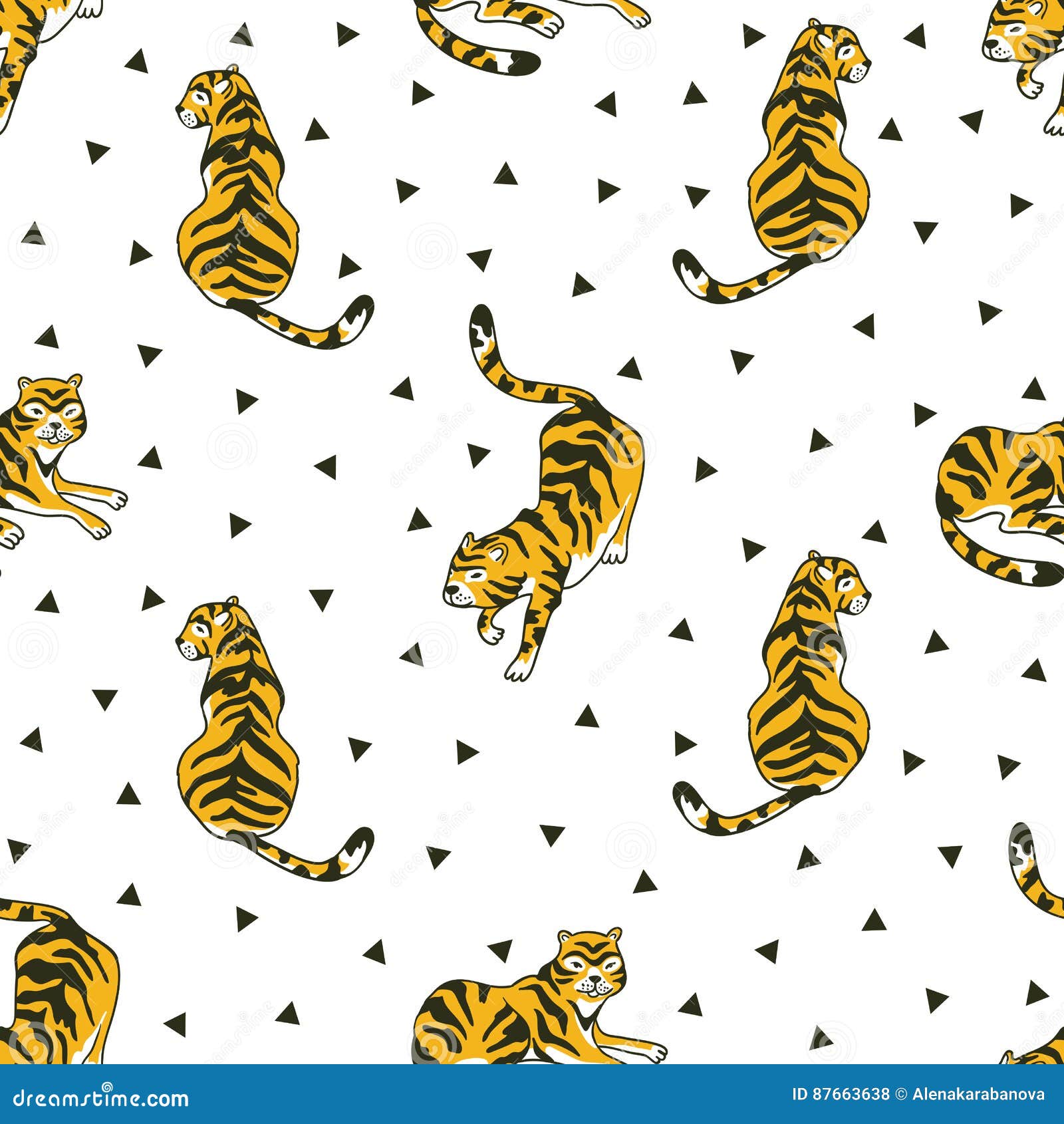Vector Seamless Pattern With Tigers And Triangles Isolated On The White ...