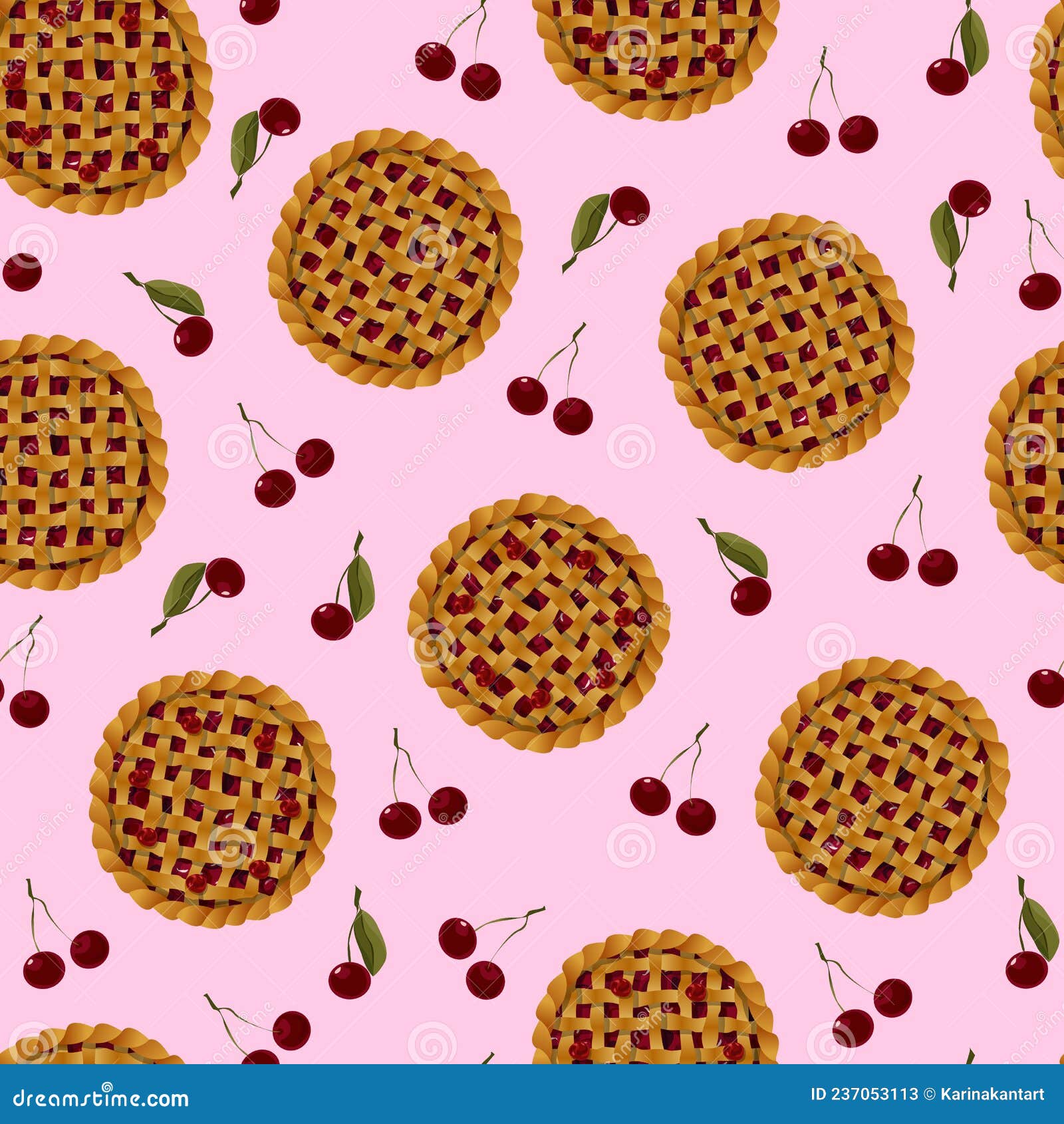 Vector Seamless Pattern. Top View Cherry Pie Isolated on Pink. Stock ...