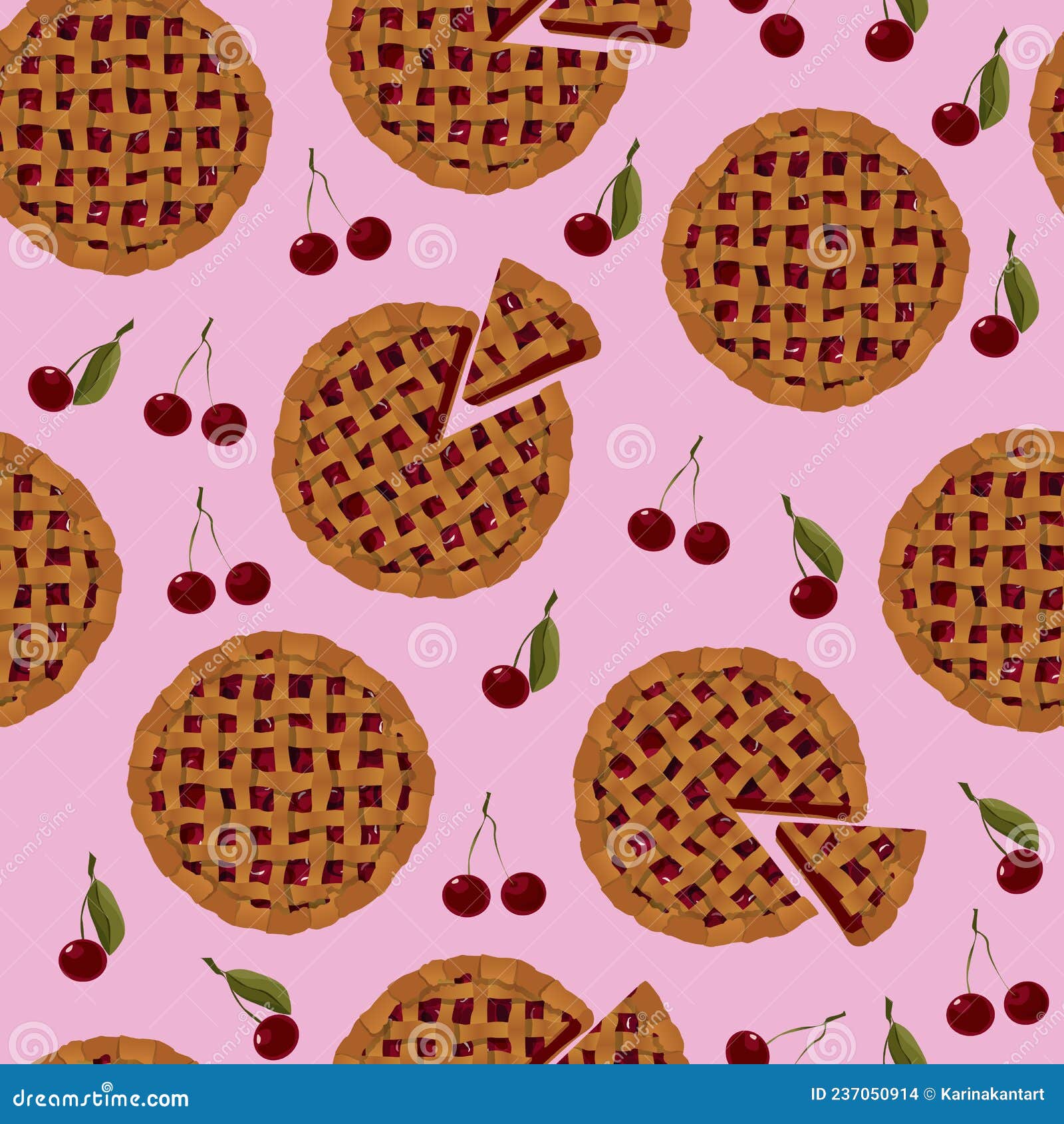 Vector Seamless Pattern. Top View Cherry Pies Isolated on Pink. Stock ...