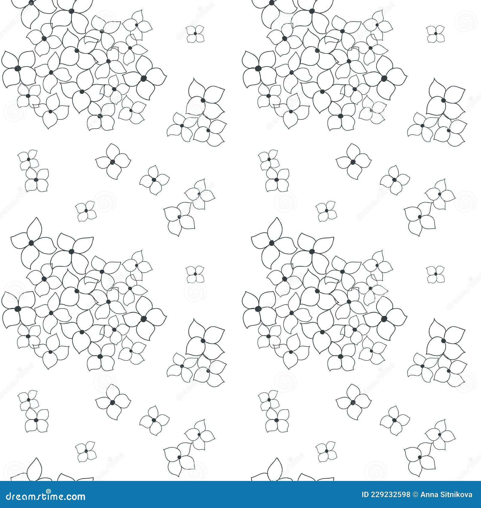 Vector Seamless Pattern of Trendy Black Hydrangea Doodle Flowers on White Background. Endless ...