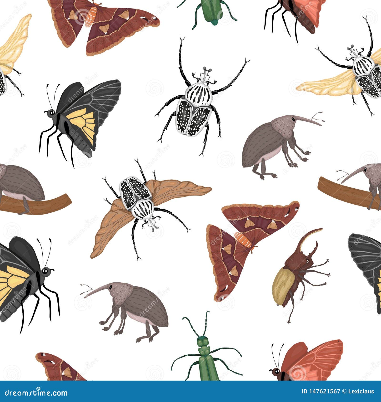 Tropical Insects Seamless Pattern. Vector Backdrop With Hand Drawn ...