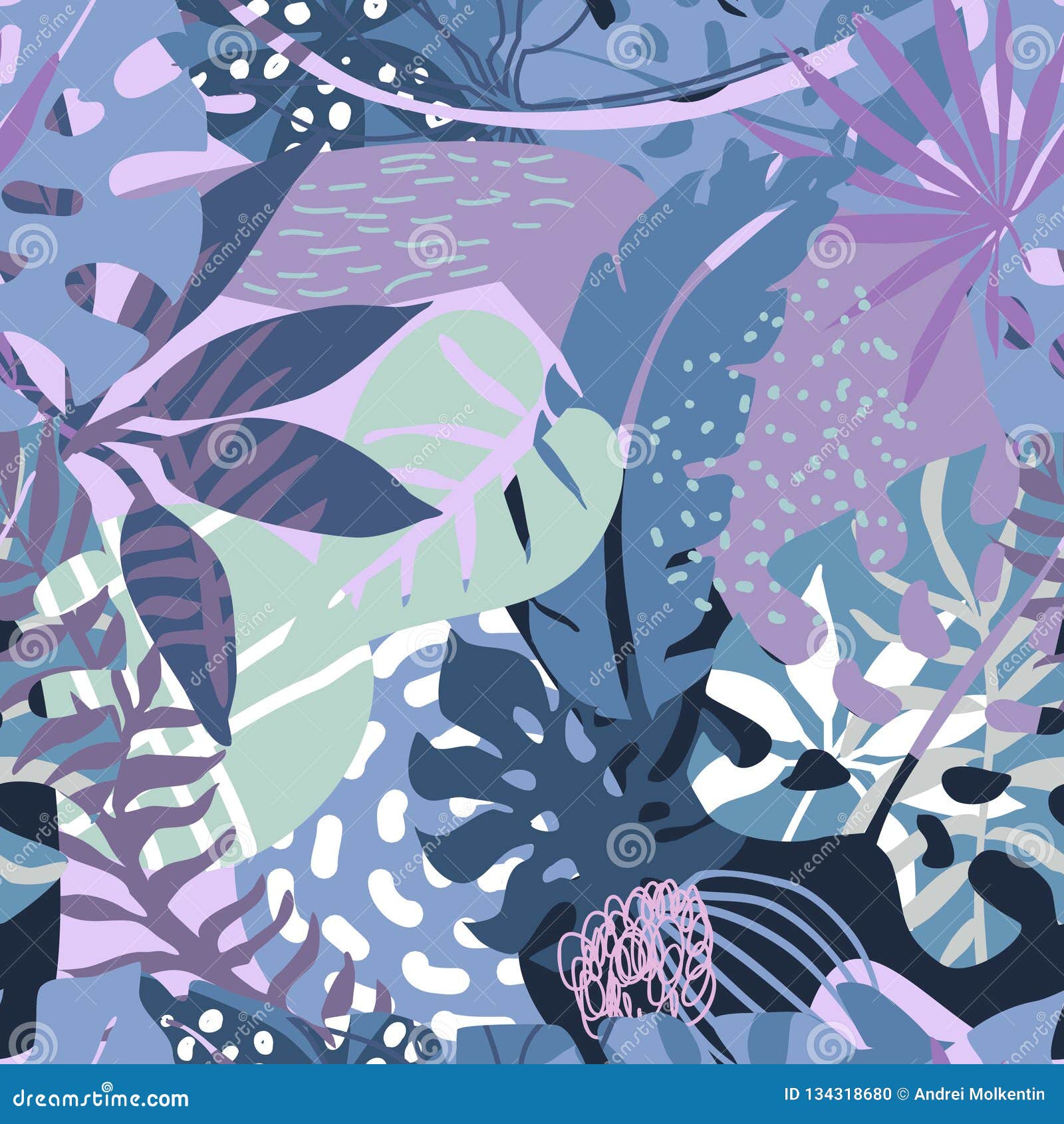 Vector Seamless Pattern with Tropical Plants and Hand Drawn Abstract ...