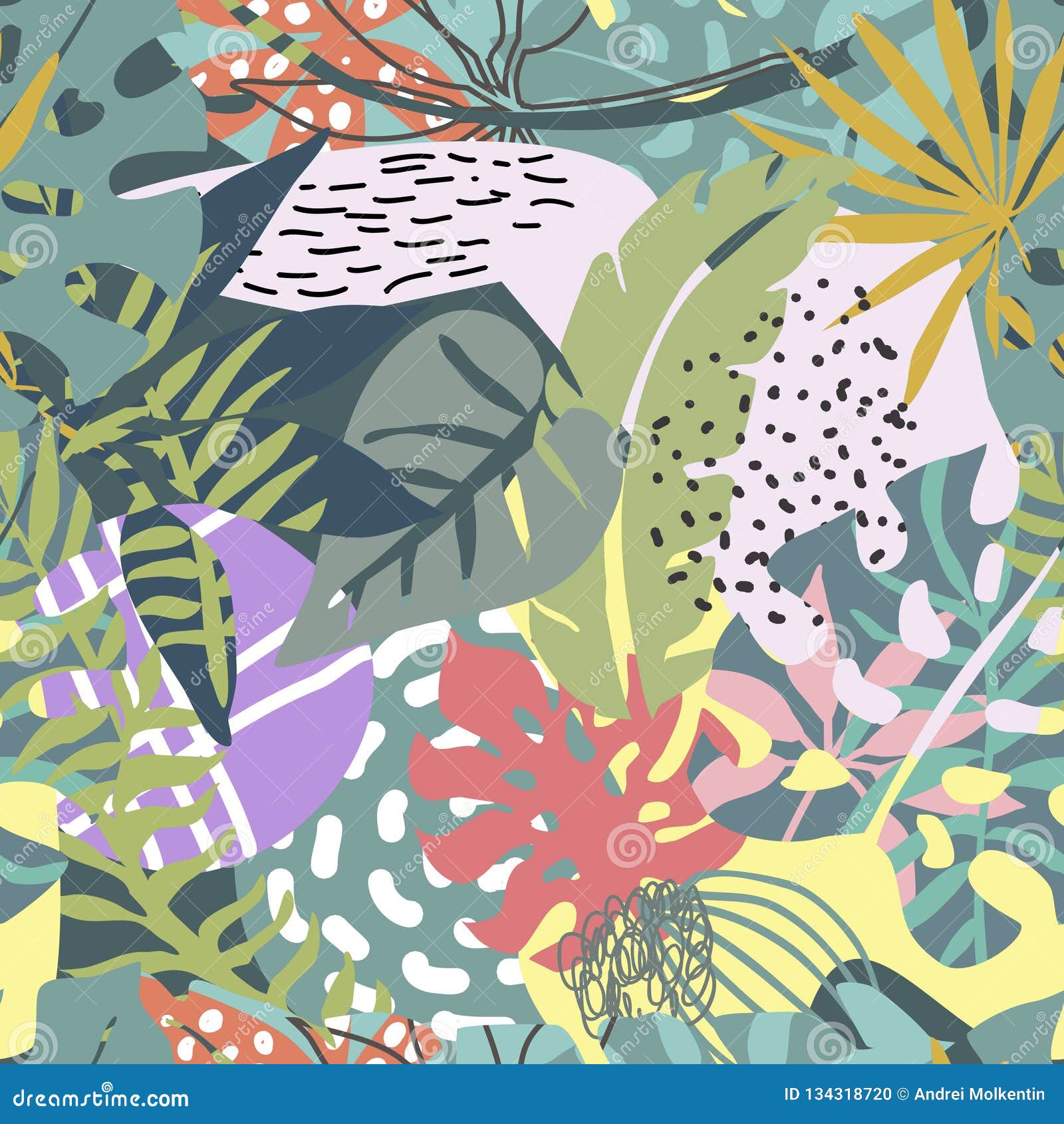 Vector Seamless Pattern with Tropical Plants and Hand Drawn Abstract ...