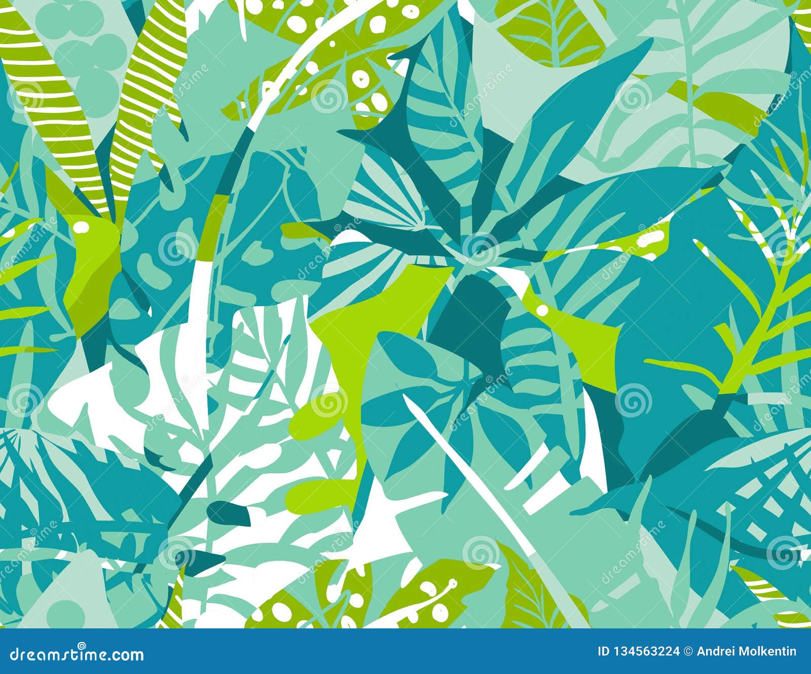 Vector Seamless Pattern with Tropical Plants and Hand Drawn Abstract ...