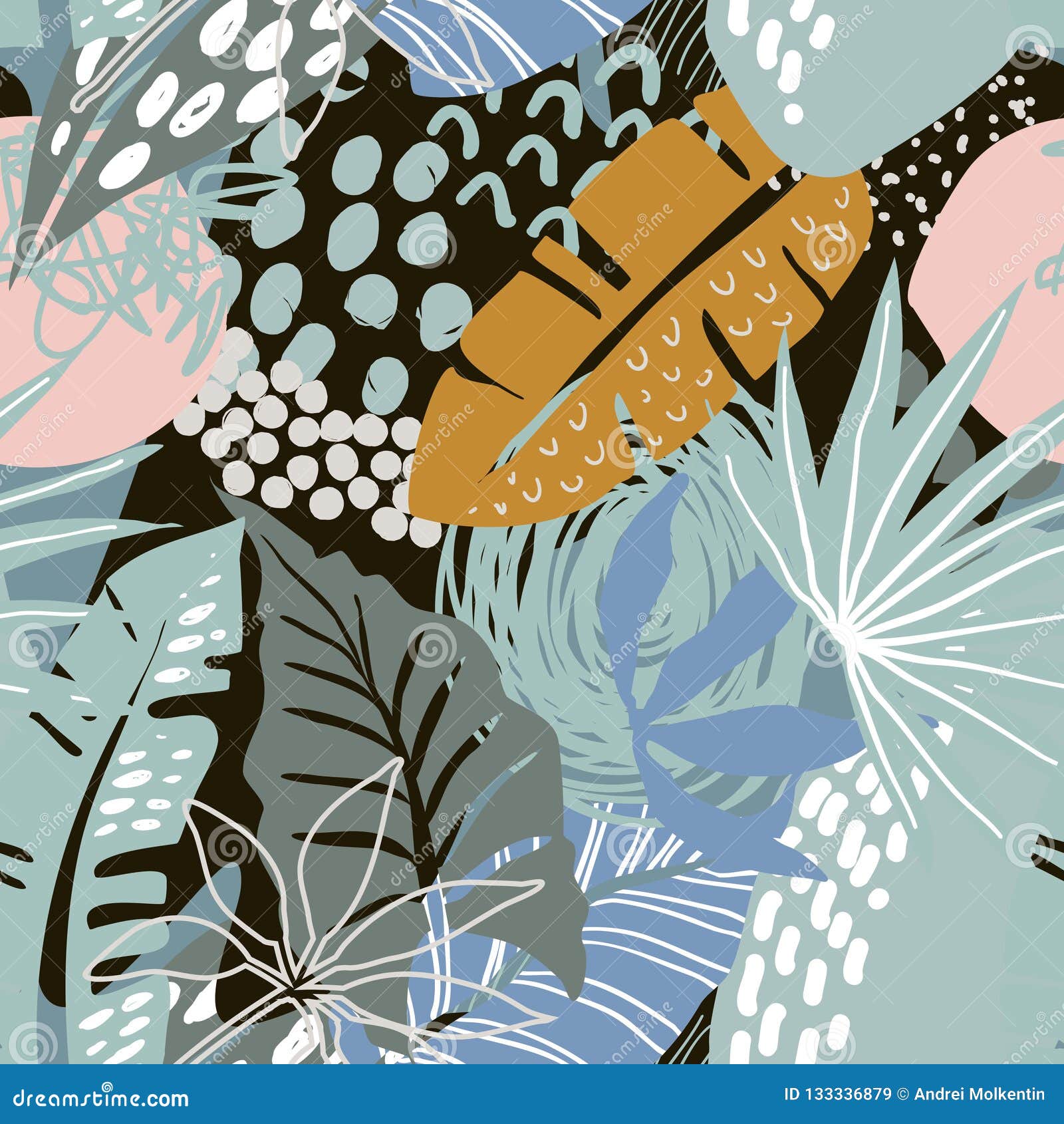 Vector Seamless Pattern with Tropical Plants and Hand Drawn Abstract ...